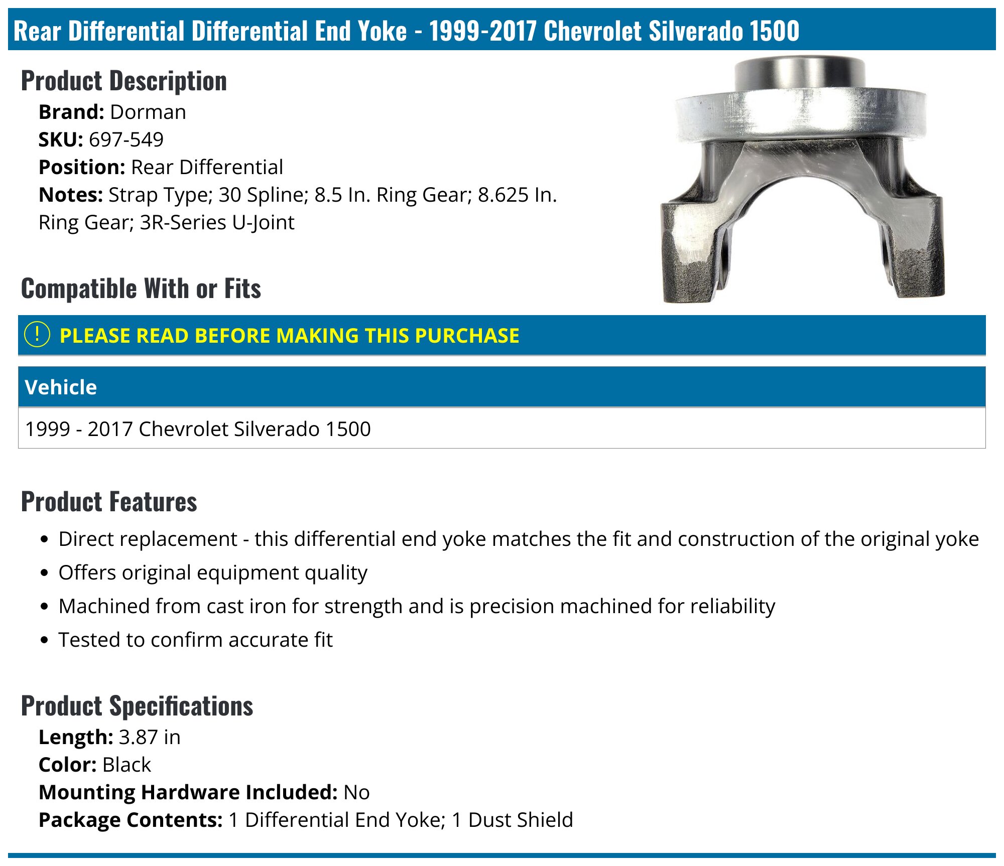 2008-2018 Chevrolet Silverado 1500 Differential End Yoke - Dorman 697 ...