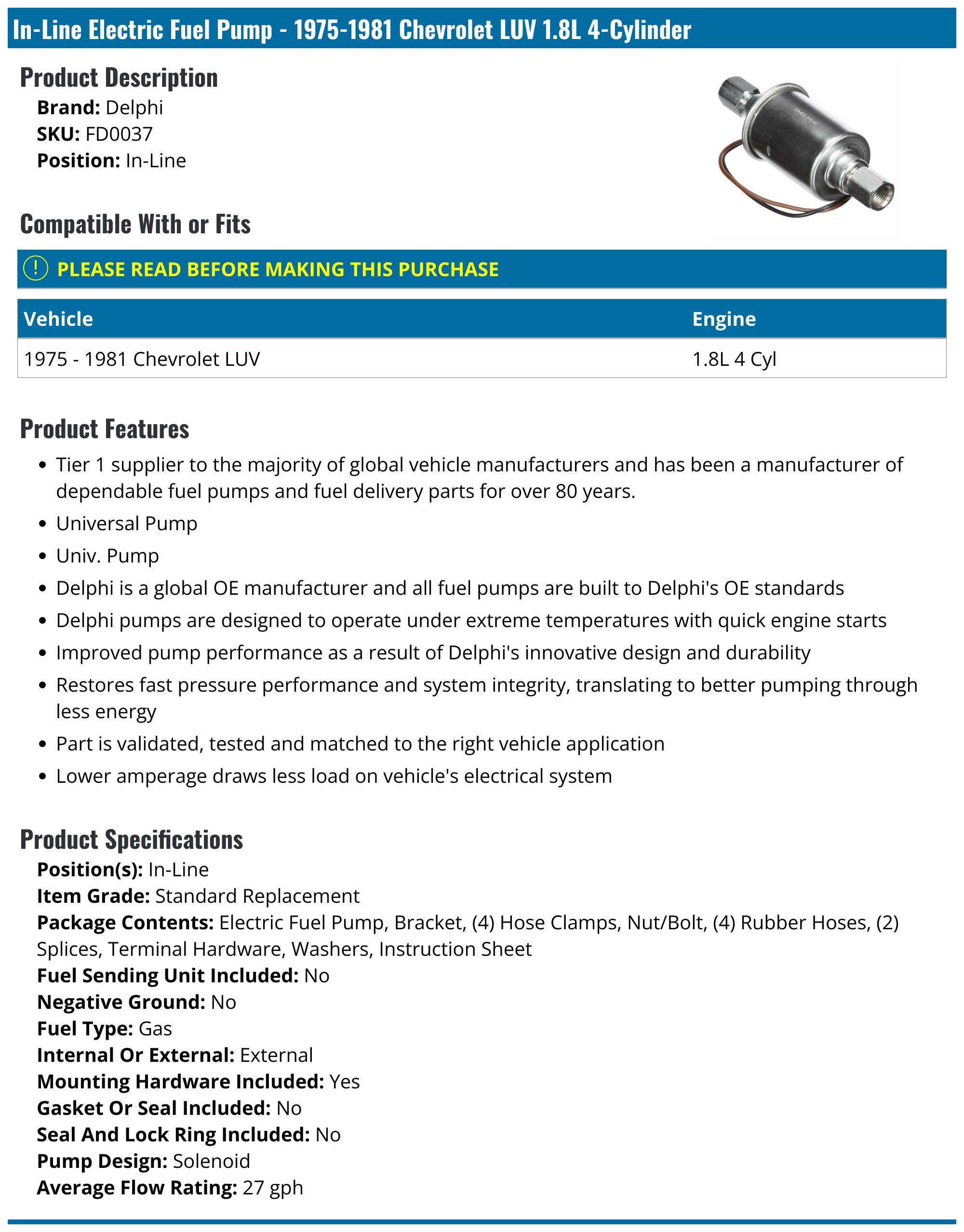 1975-1981 Chevrolet LUV Fuel Pump - Delphi FD0037 - In-Line - PartsGeek.com