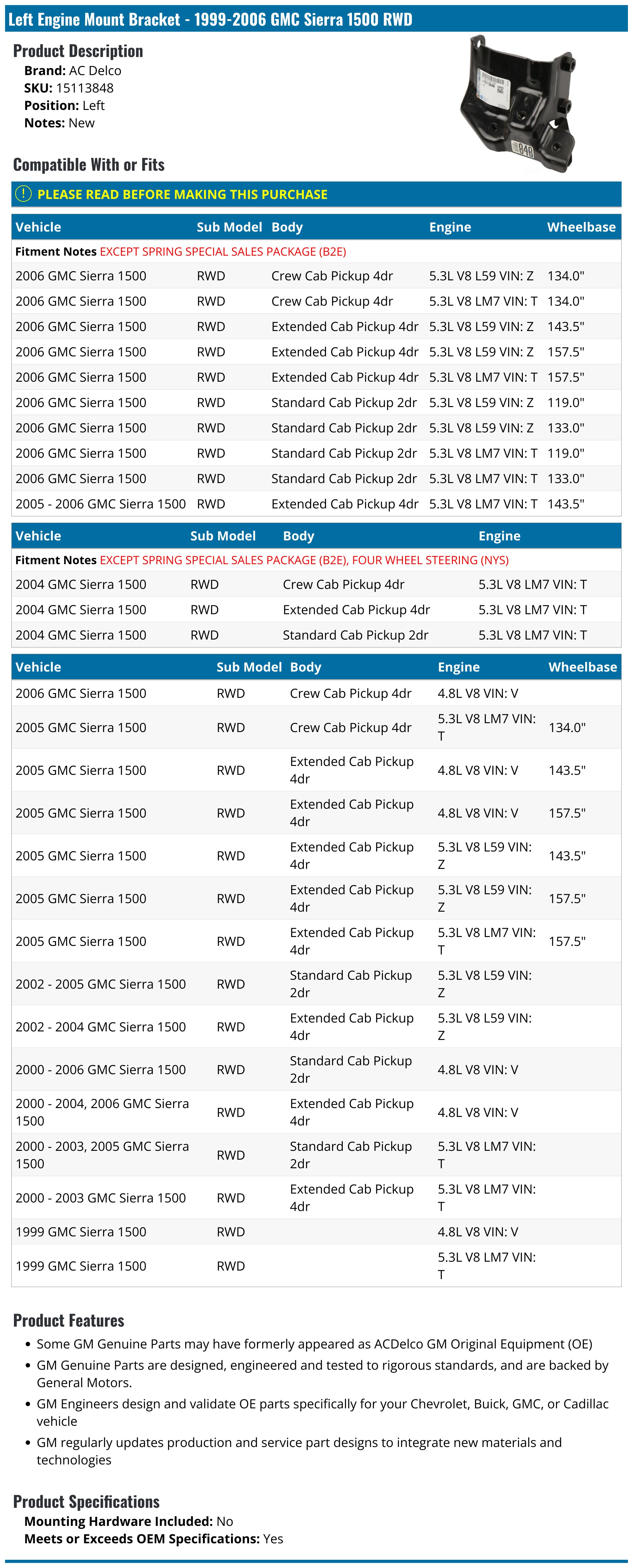 1999-2006 GMC Sierra 1500 Engine Mount Bracket - AC Delco 15113848 ...