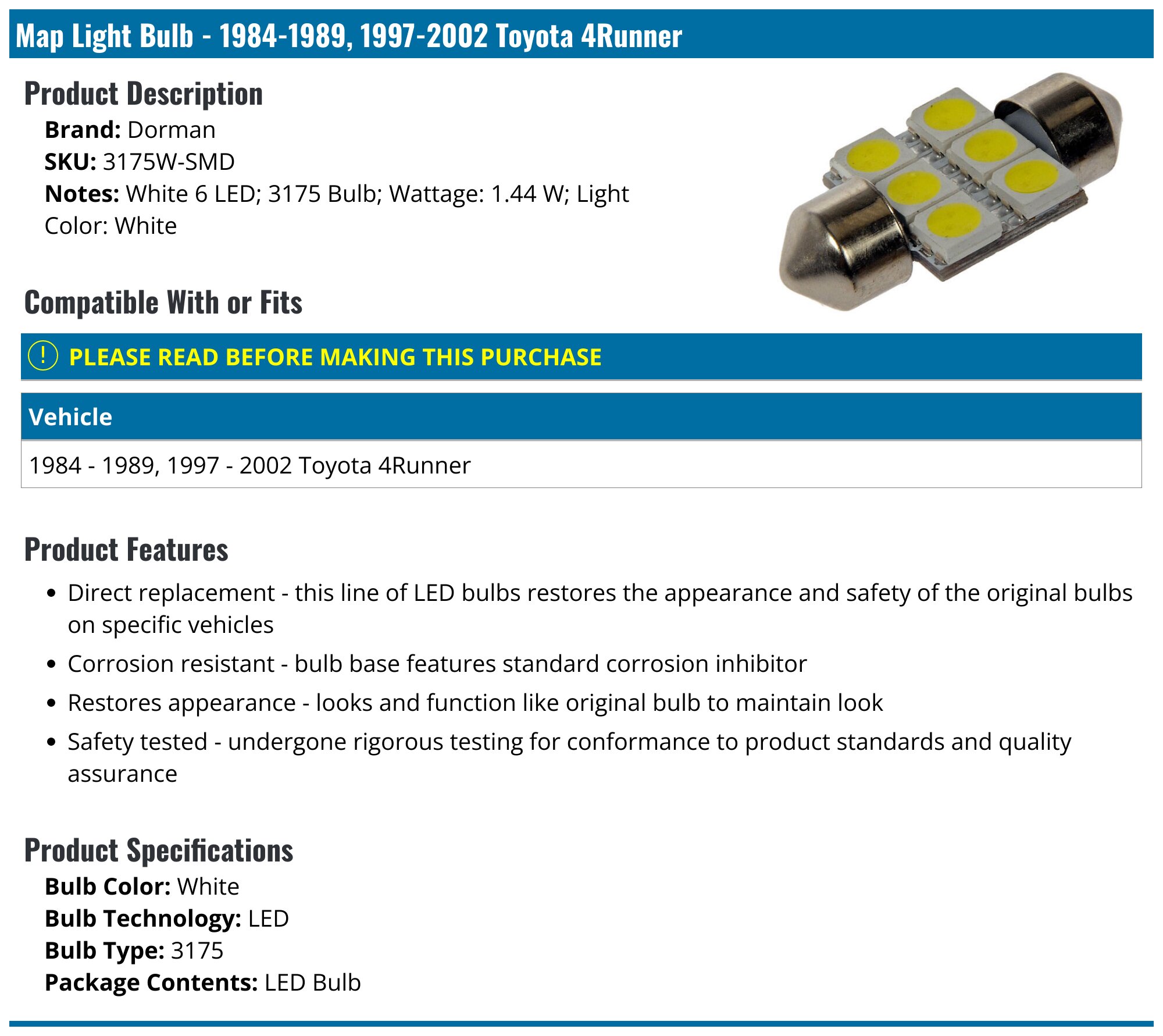 1984-1989, 1997-2002 Toyota 4Runner Map Light Bulb - Dorman 3175W-SMD ...