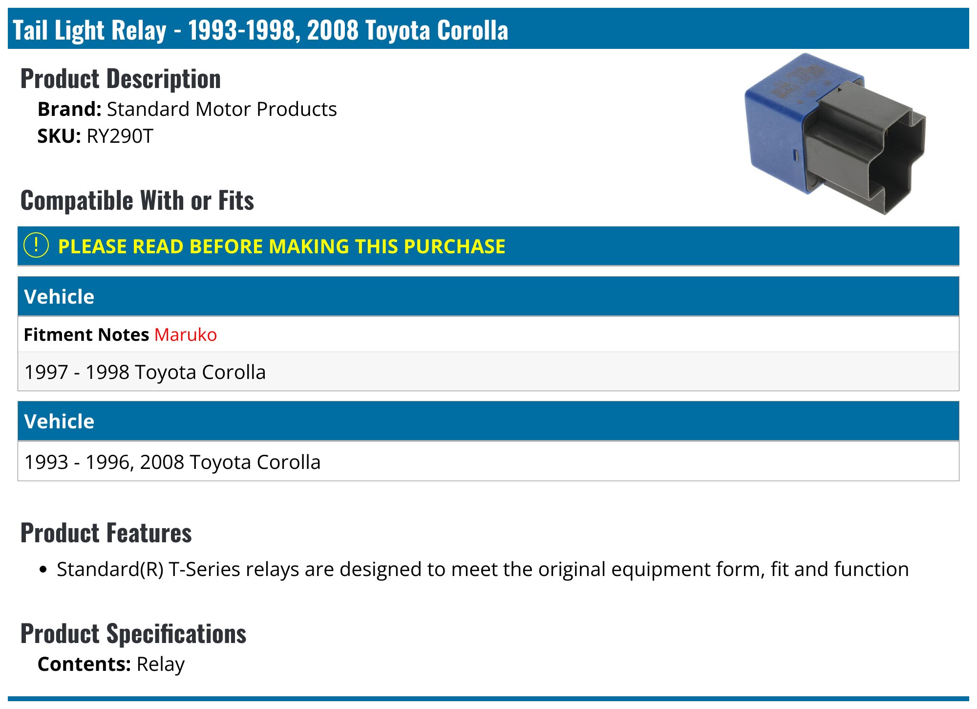 1993-1998, 2008 Toyota Corolla Tail Light Relay - Standard Motor ...