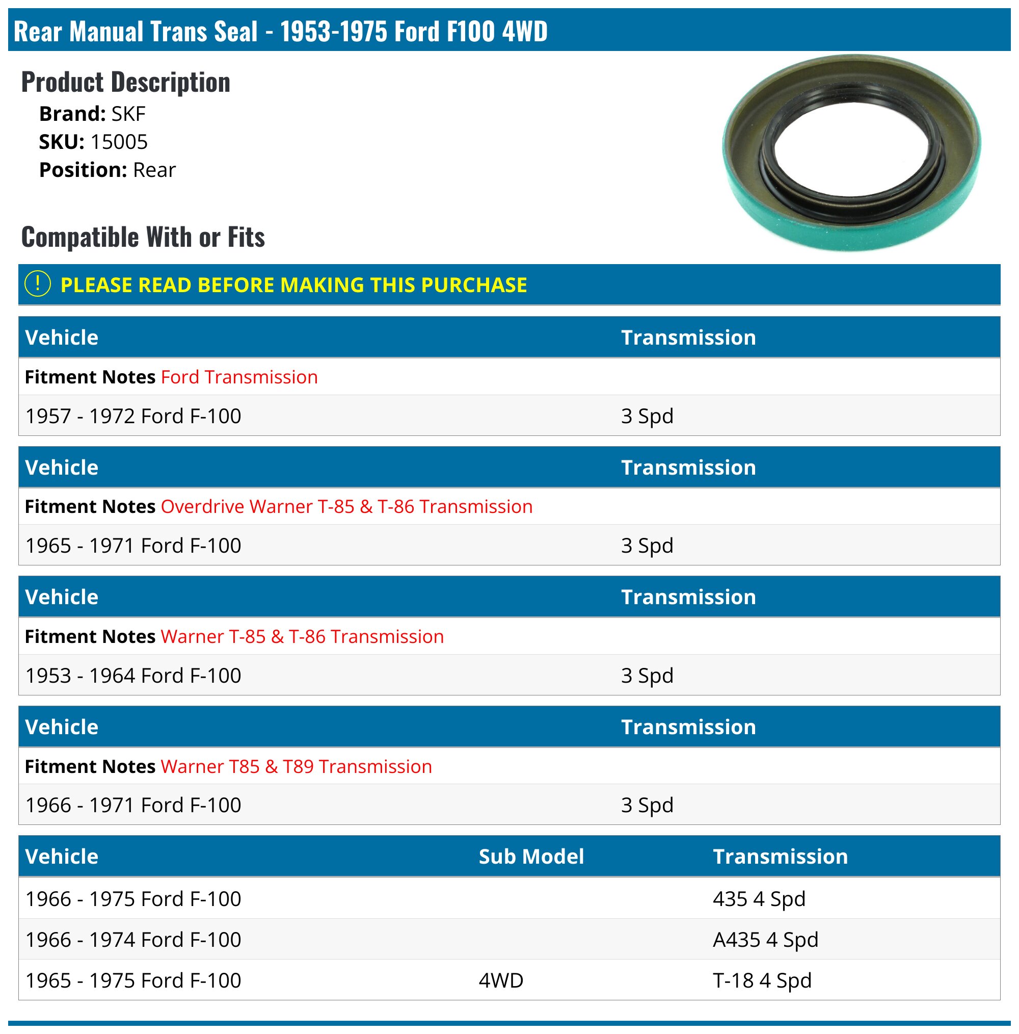 1953-1975 Ford F100 Manual Trans Seal - SKF 15005 - Rear - PartsGeek.com