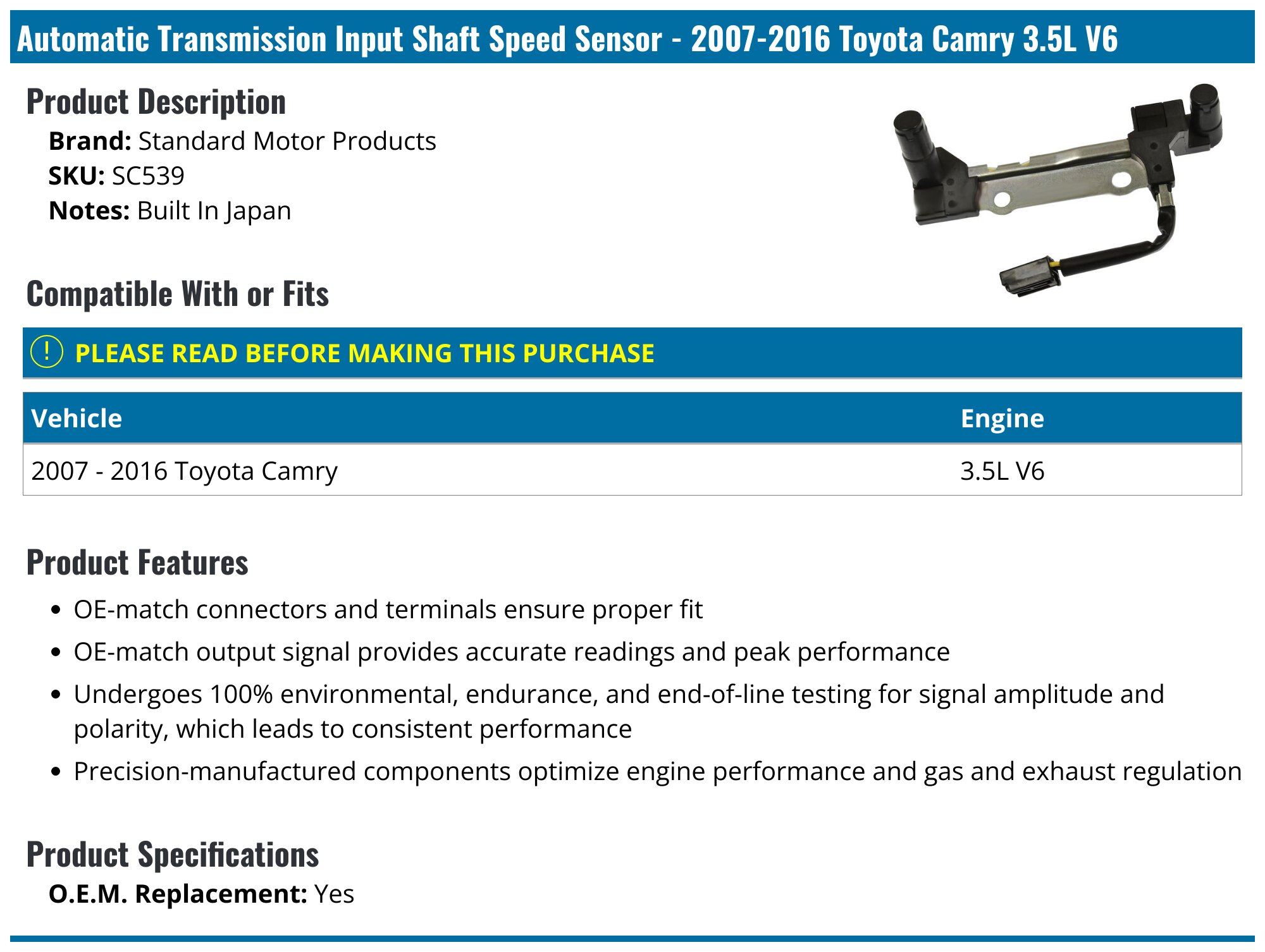 2007-2016 Toyota Camry Automatic Transmission Input Shaft Speed Sensor ...