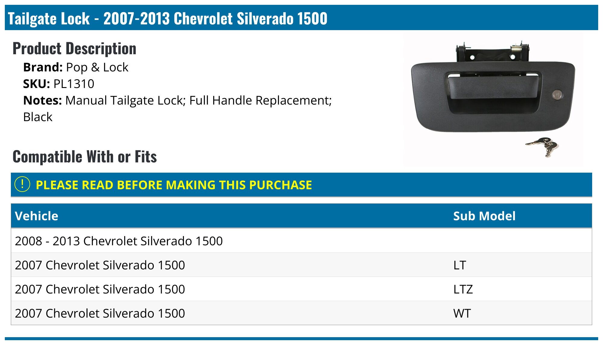 2007-2013 Chevrolet Silverado 1500 Tailgate Lock - Pop & Lock PL1310 ...