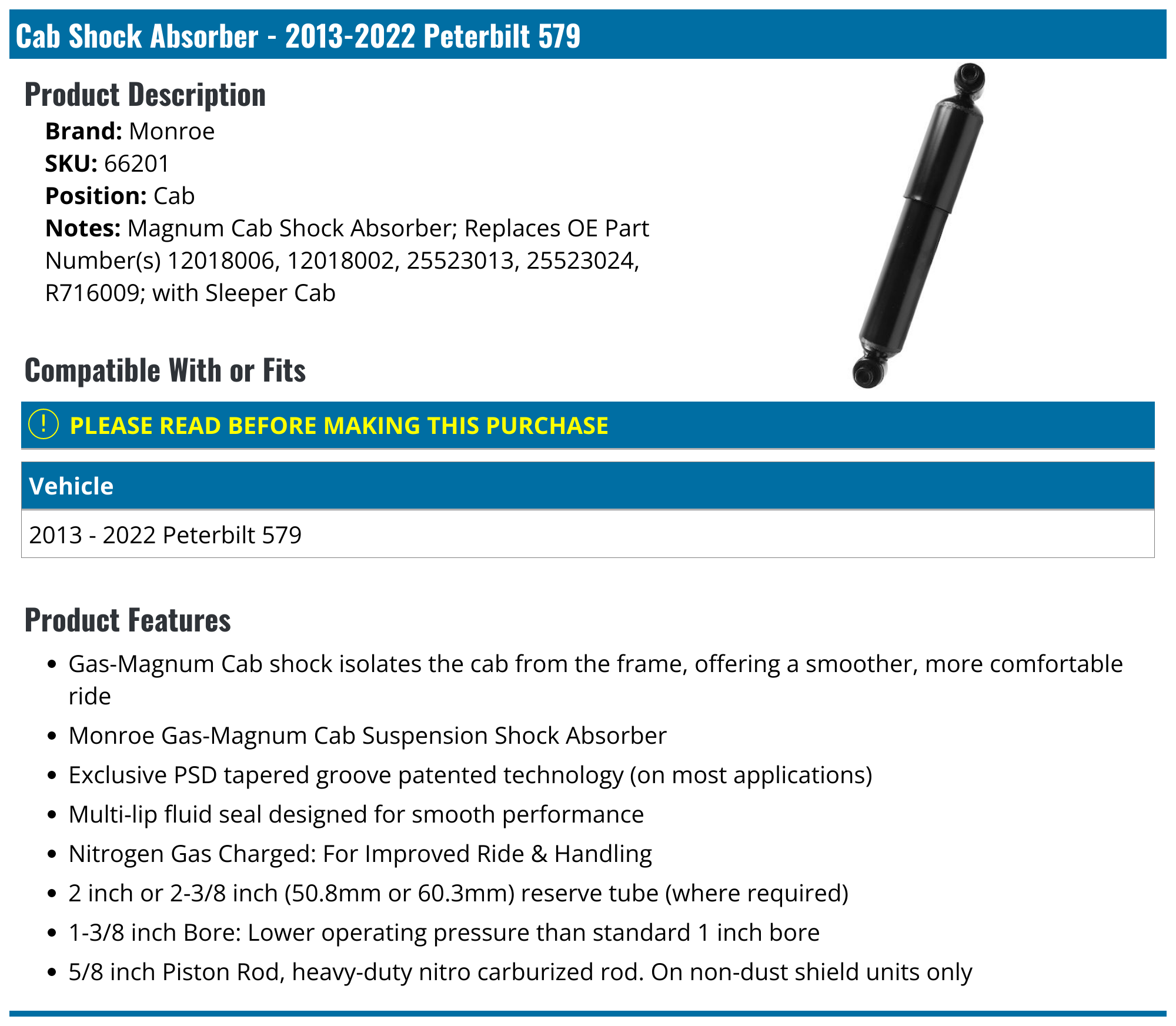 2013-2024 Peterbilt 579 Shock Absorber - Monroe 66201 - Cab - PartsGeek.com