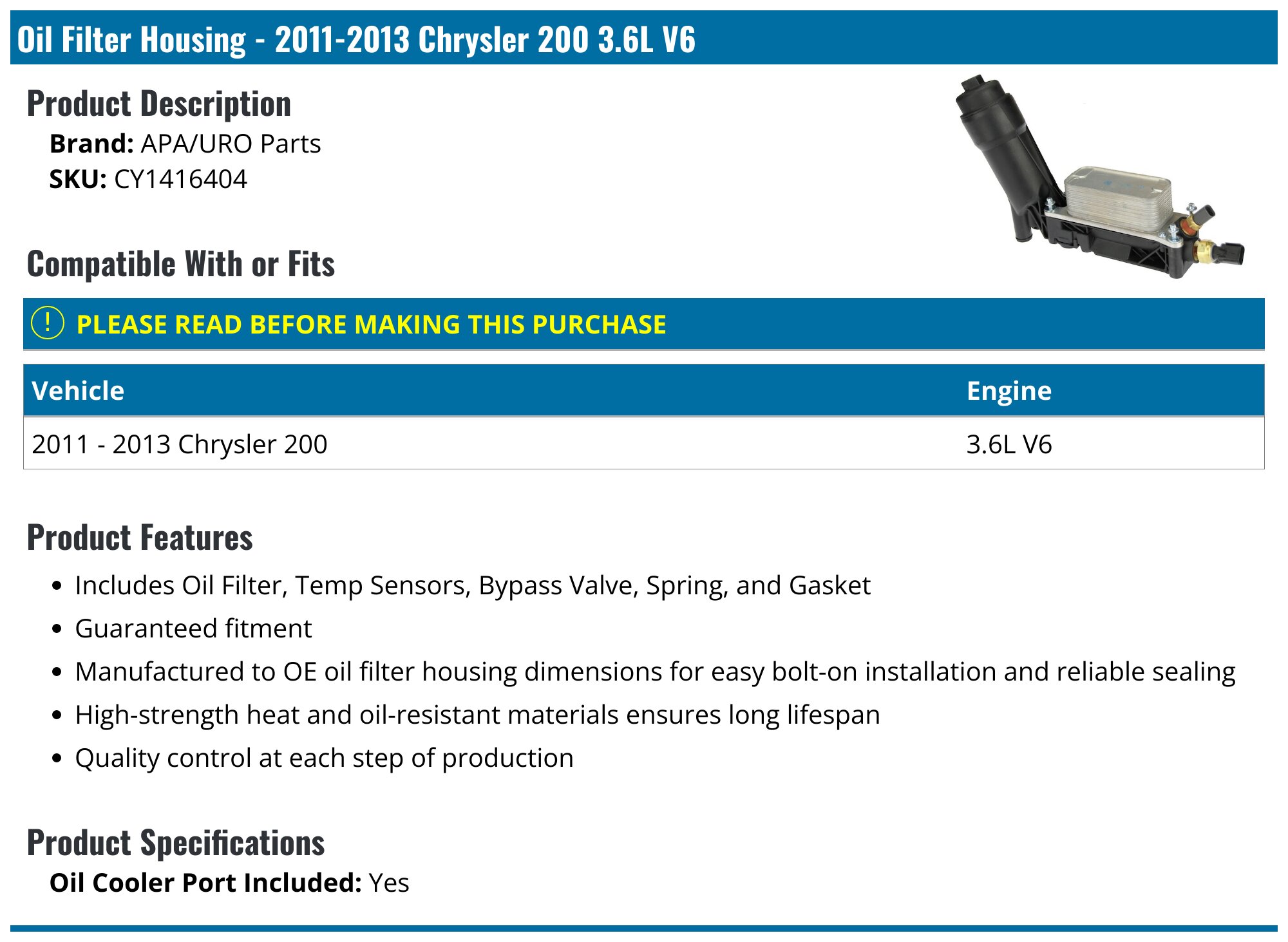 2011-2013 Chrysler 200 Oil Filter Housing - APA/URO Parts CY1416404 ...