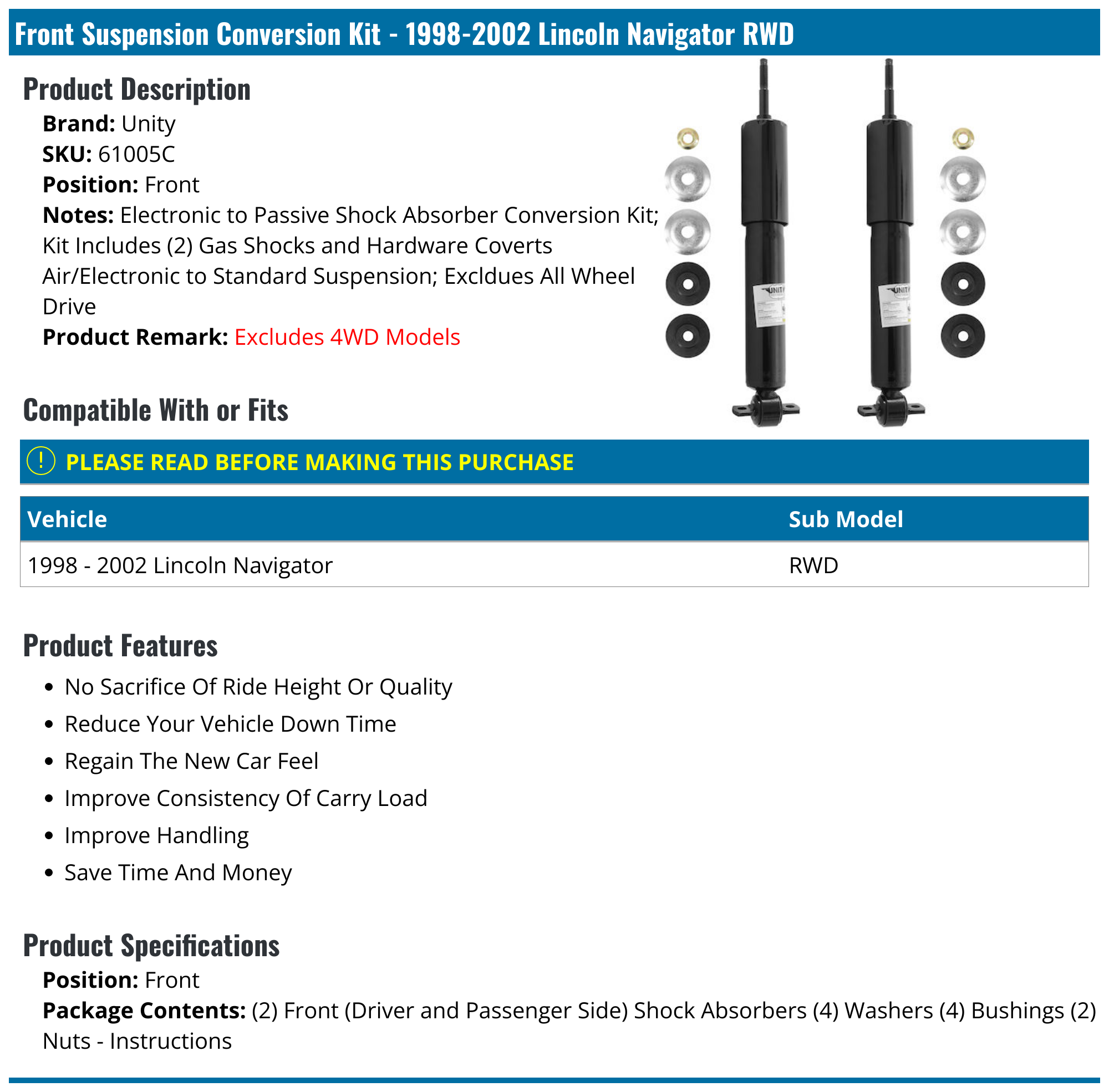 1998-2002 Lincoln Navigator Suspension Conversion Kit - Unity 61005C ...
