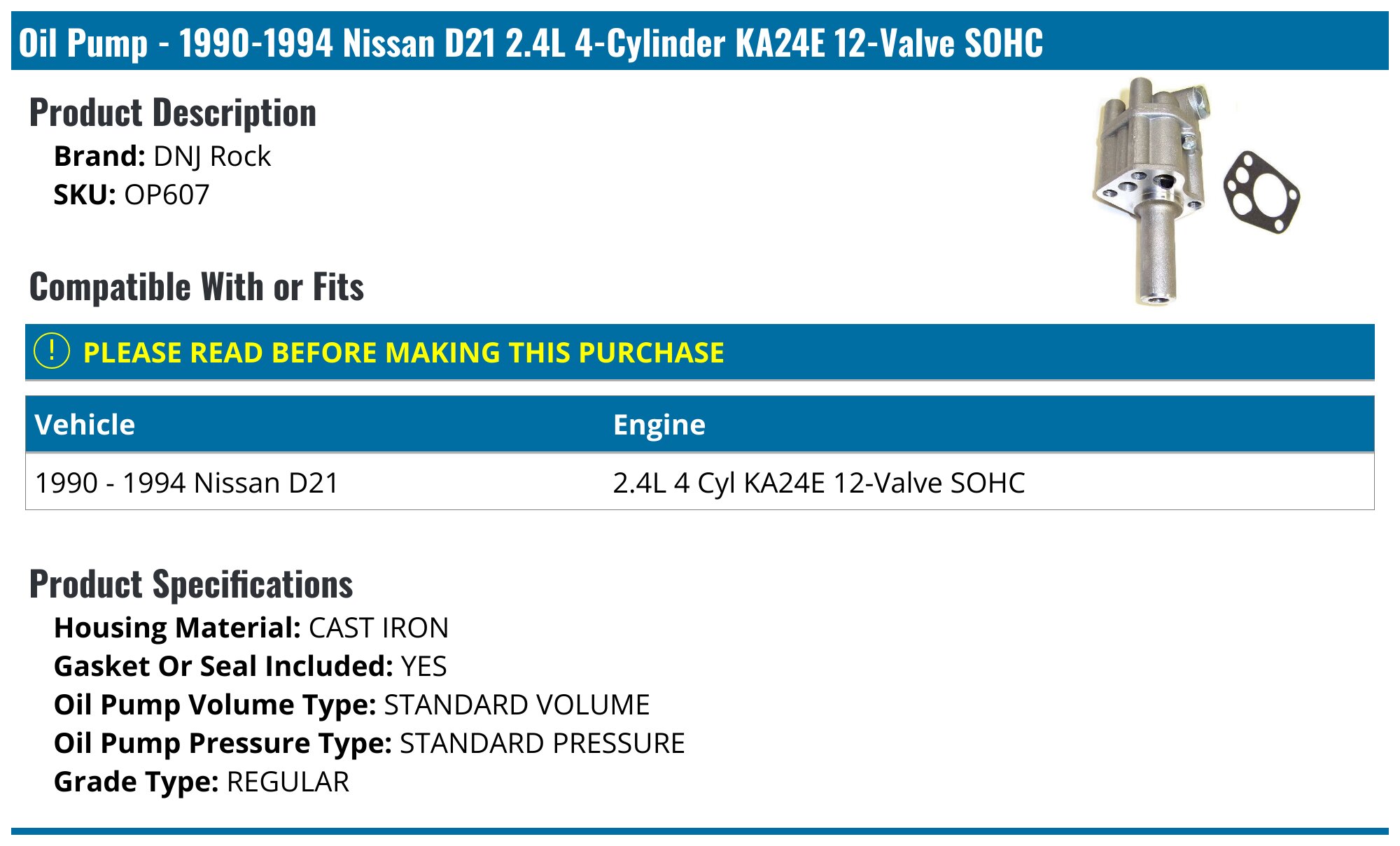 1990-1994 Nissan D21 Oil Pump - DNJ Rock OP607 - PartsGeek.com