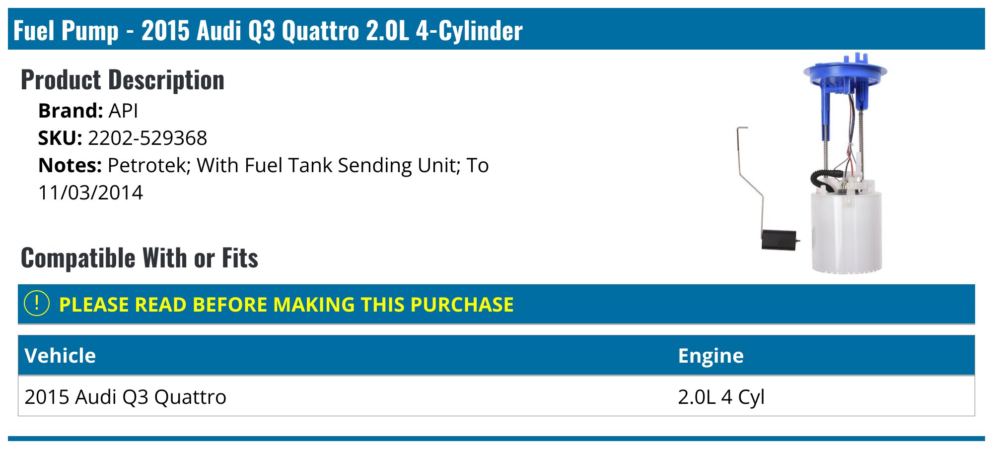 2015 Audi Q3 Quattro Fuel Pump - API 130196-02719971 - PartsGeek.com