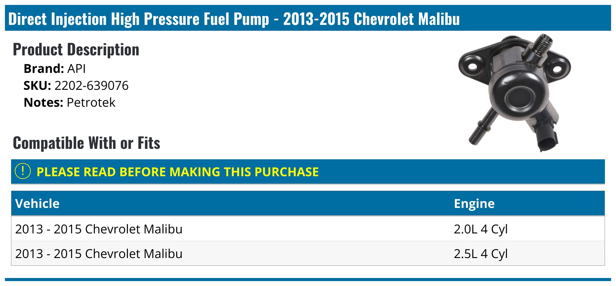 2013-2015 Chevrolet Malibu Fuel Pump - API 119076-02133861 - PartsGeek.com