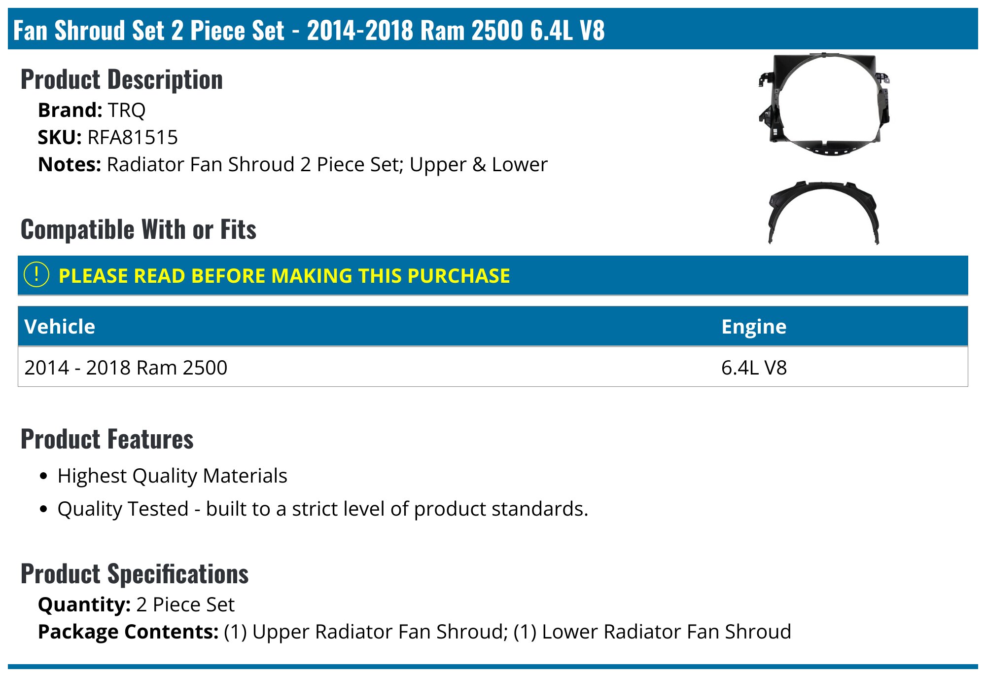 2014-2018 Ram 2500 Fan Shroud - TRQ RFA81515 - PartsGeek.com