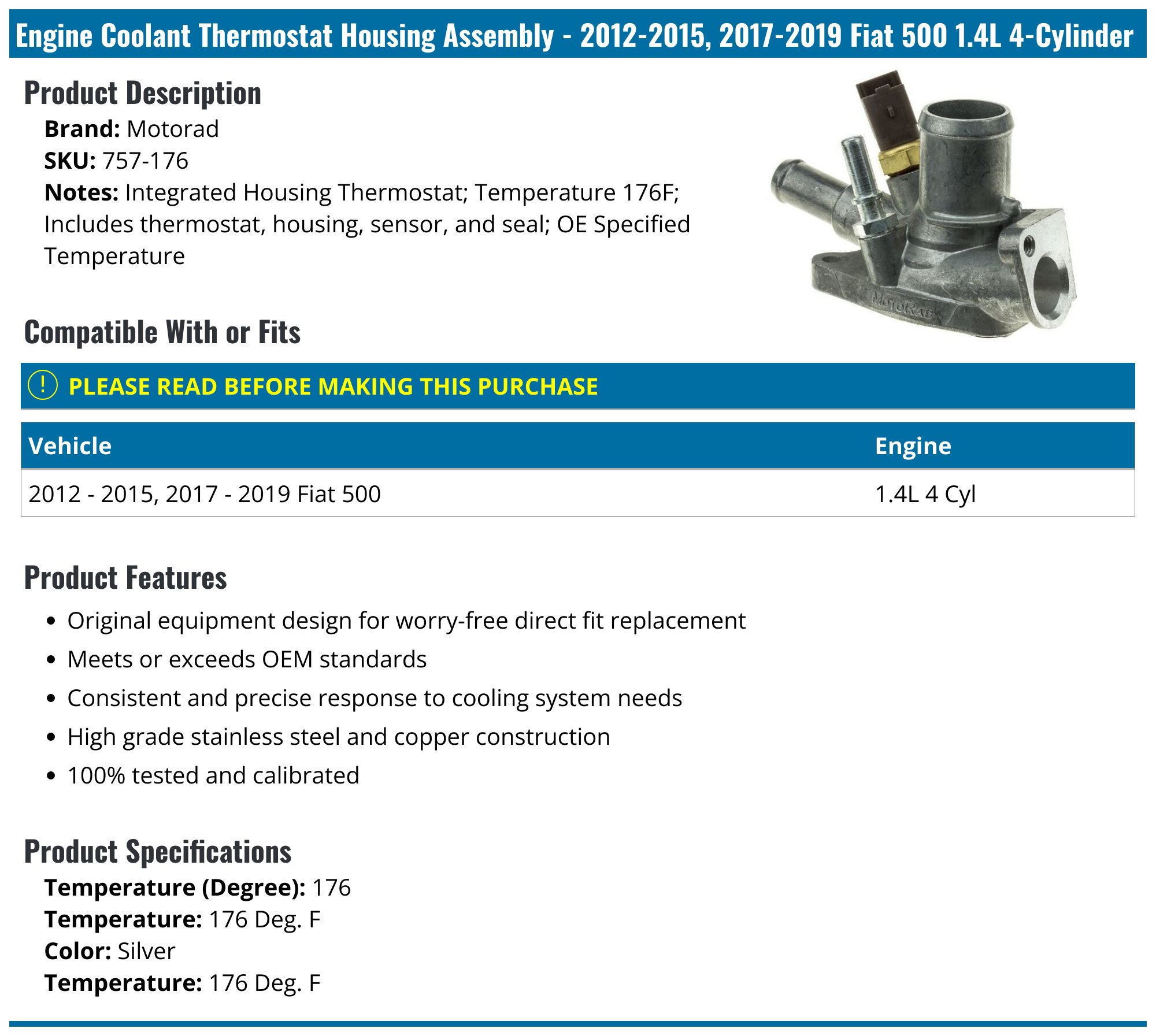 2012-2015, 2017-2019 Fiat 500 Thermostat Housing - Motorad 757-176 ...