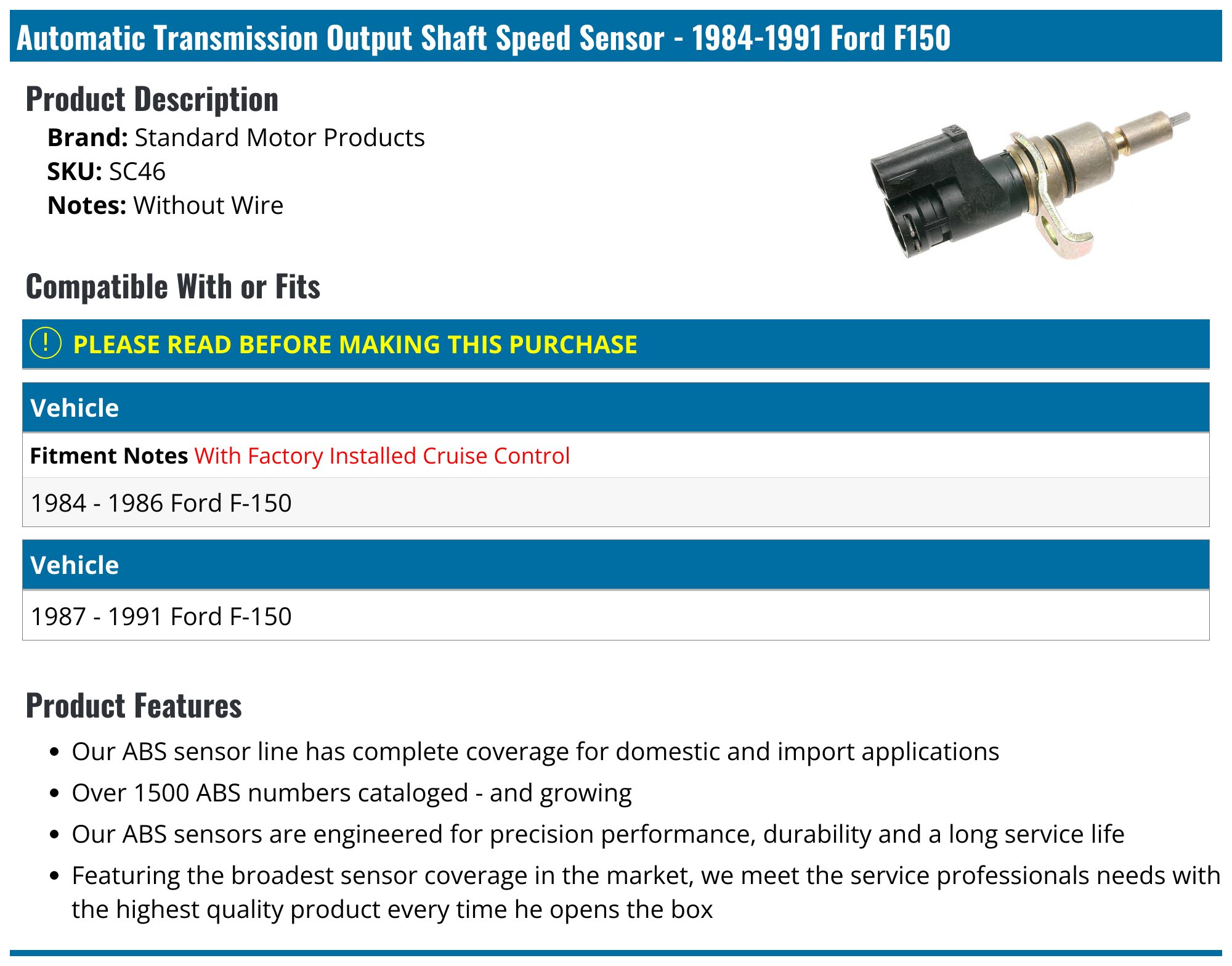 1984-1991 Ford F150 Automatic Transmission Output Shaft Speed Sensor ...