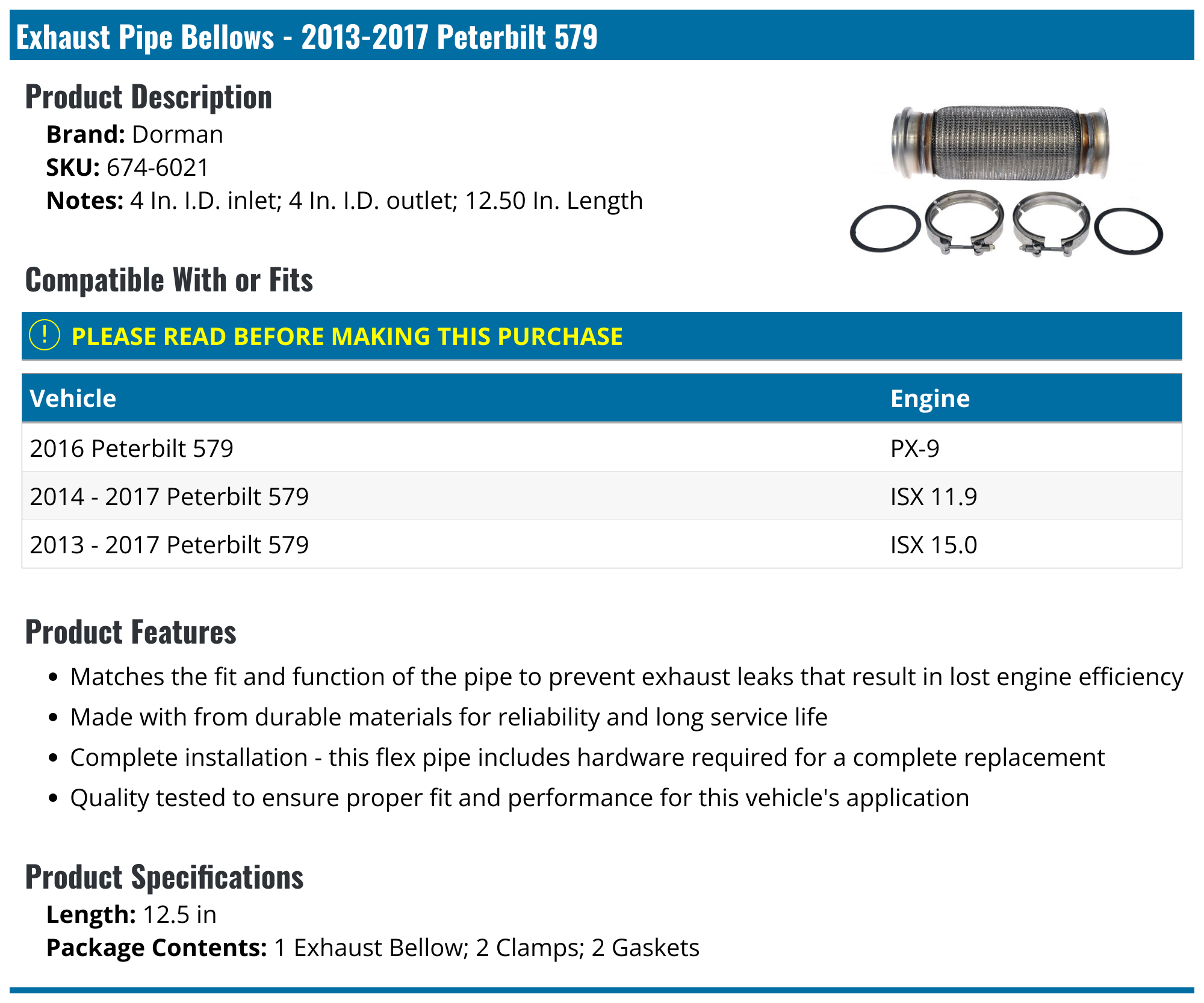 2013-2017 Peterbilt 579 Exhaust Pipe Bellows - Dorman 674-6021 ...
