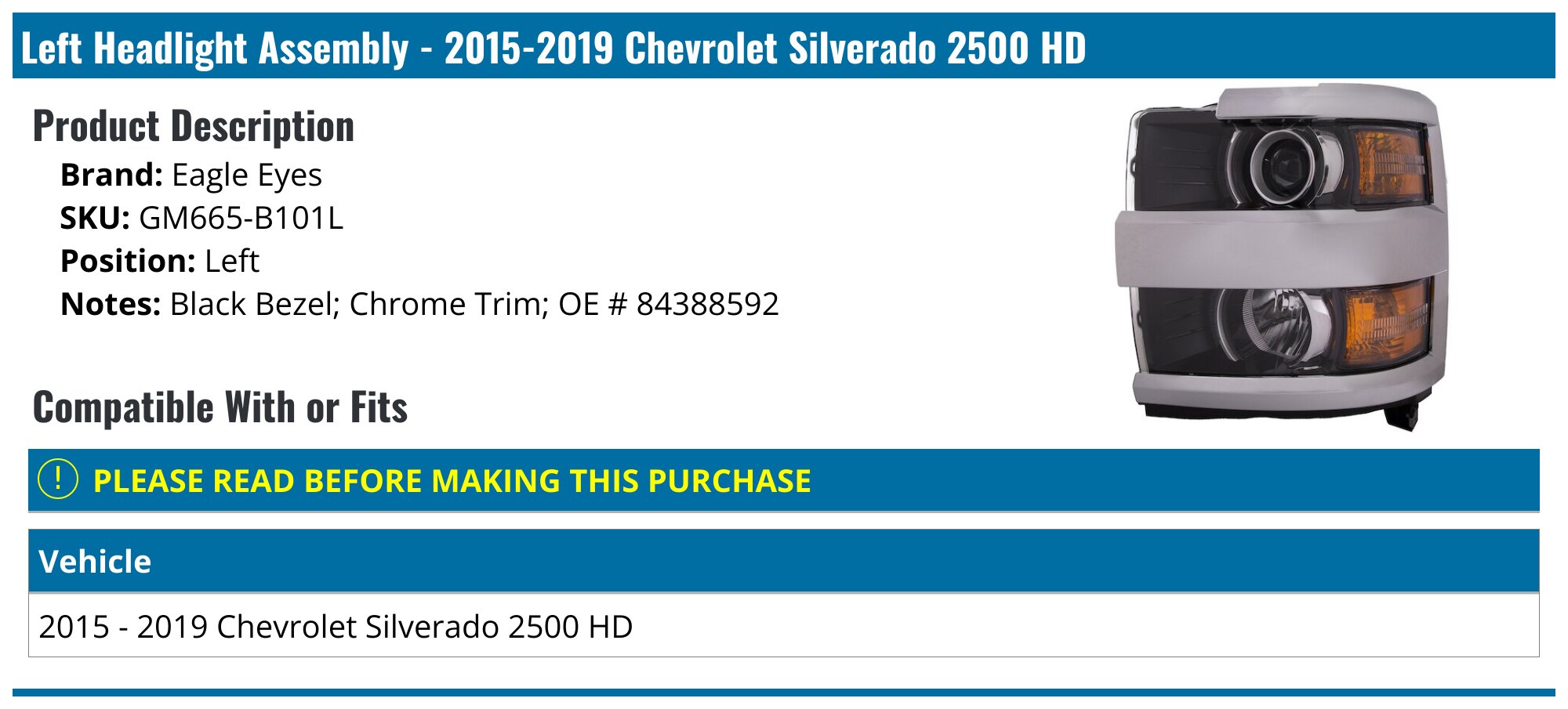 2015-2019 Chevrolet Silverado 2500 HD Headlight Assembly - Eagle Eyes ...
