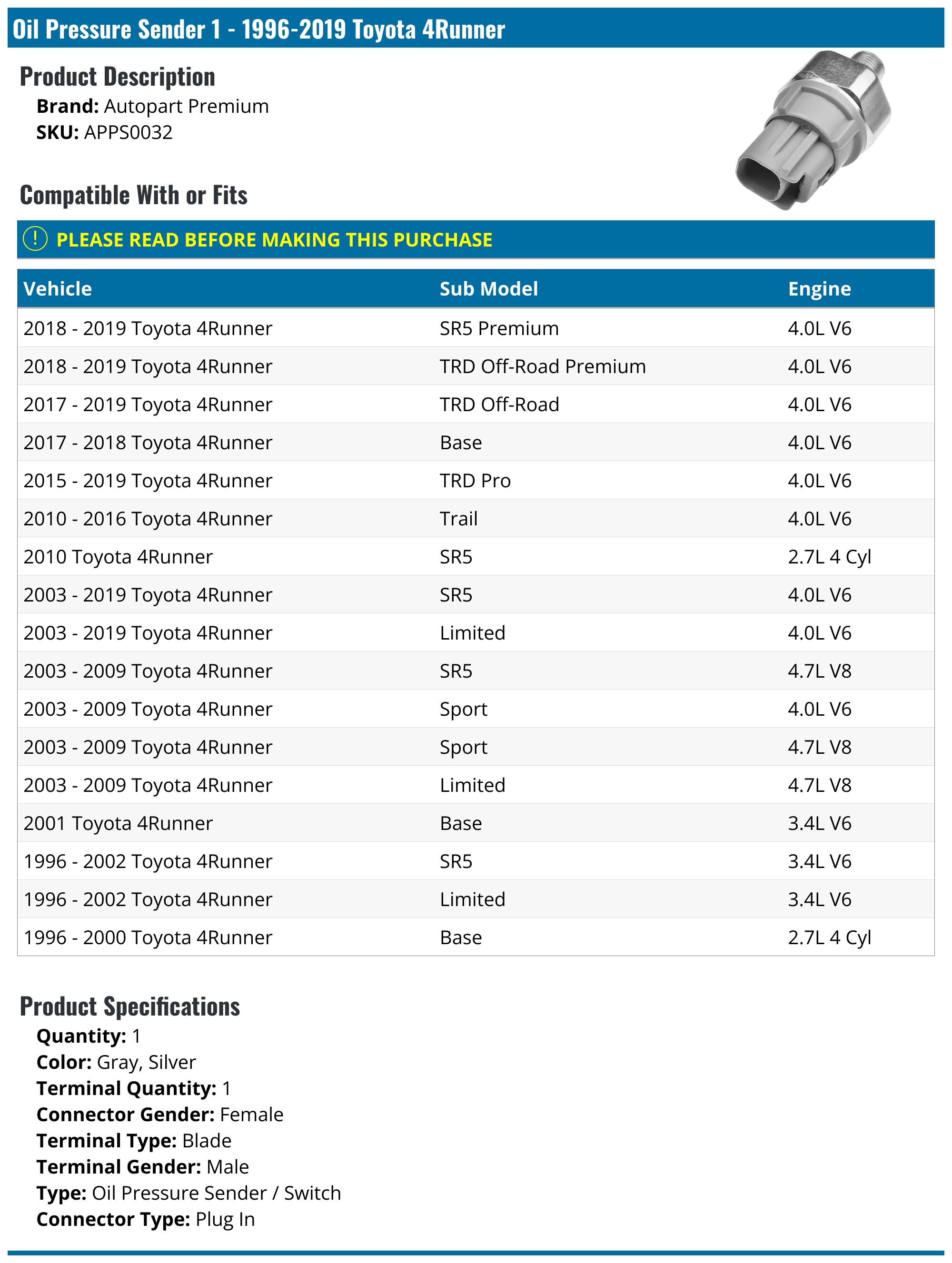 1996-2019 Toyota 4Runner Engine Oil Pressure Sensor - Autopart Premium ...