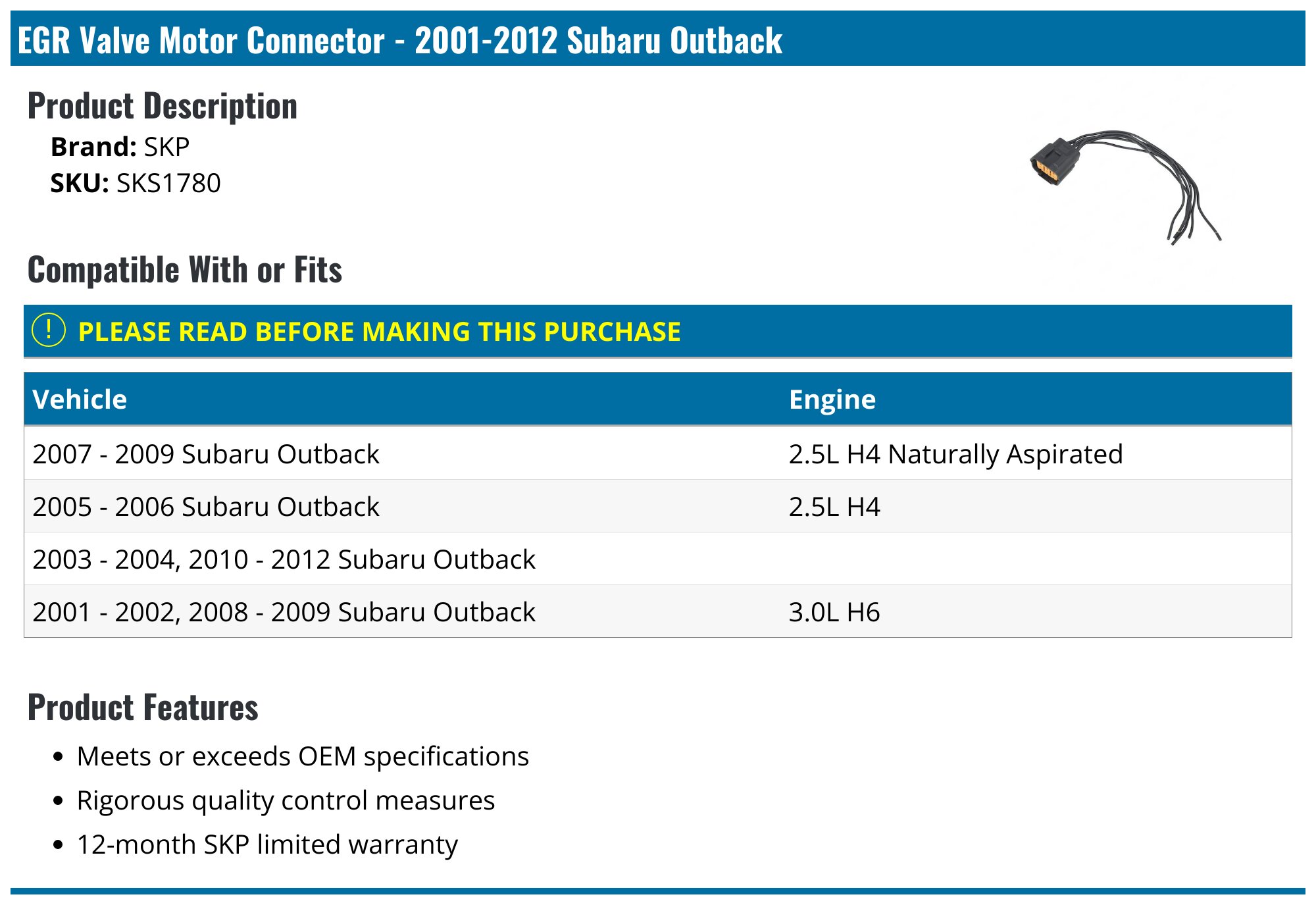 2001-2012 Subaru Outback EGR Valve Motor Connector - SKP SKS1780 ...
