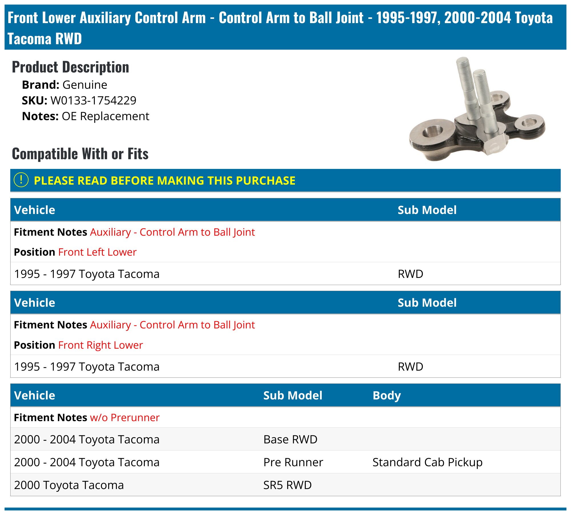1995-1997, 2000-2004 Toyota Tacoma Control Arm - Genuine W0133-1754229 ...