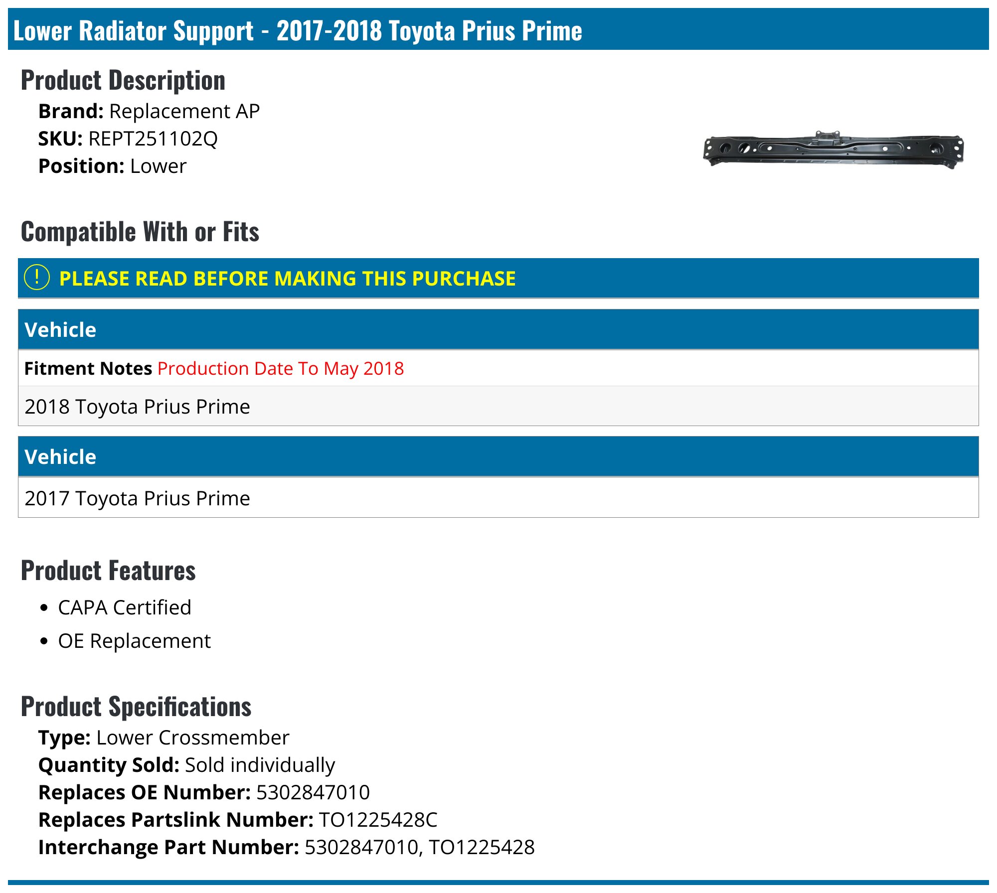 2017-2018 Toyota Prius Prime Radiator Support - Replacement AP ...
