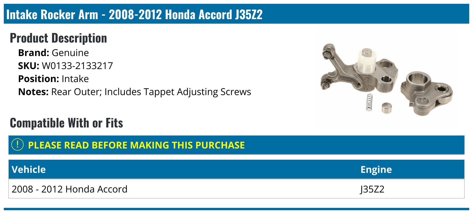 2008-2012 Honda Accord Rocker Arm - Genuine W0133-2133217 - Intake ...