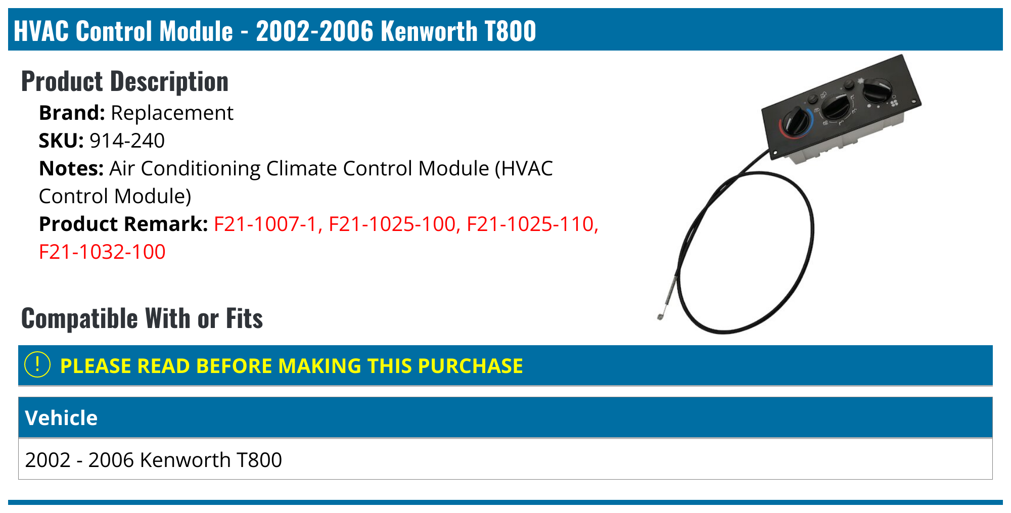 2002-2006 Kenworth T800 HVAC Temperature Control Panel - Replacement ...