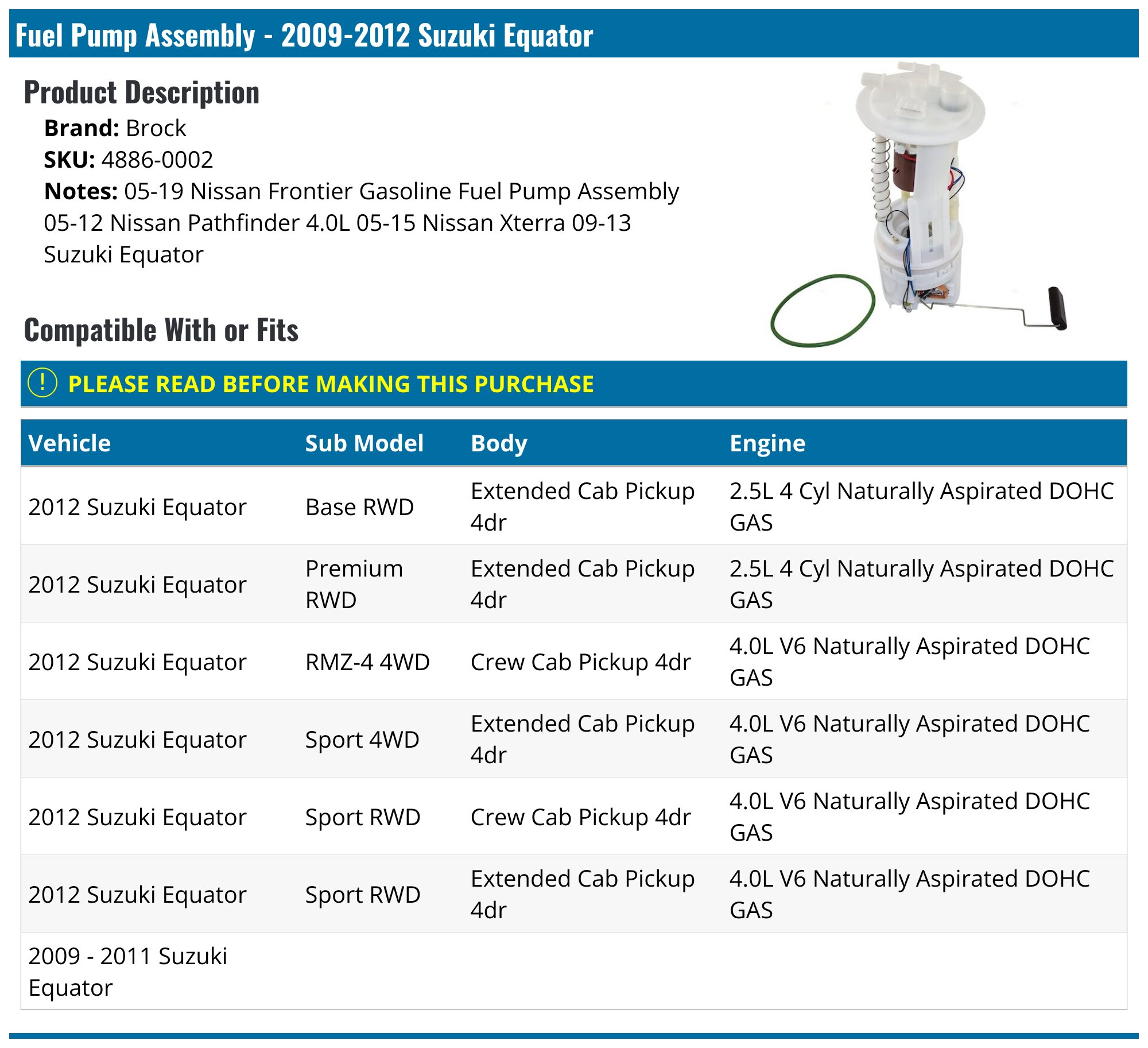 2009-2012 Suzuki Equator Fuel Pump - Brock 4886-0002 - PartsGeek.com