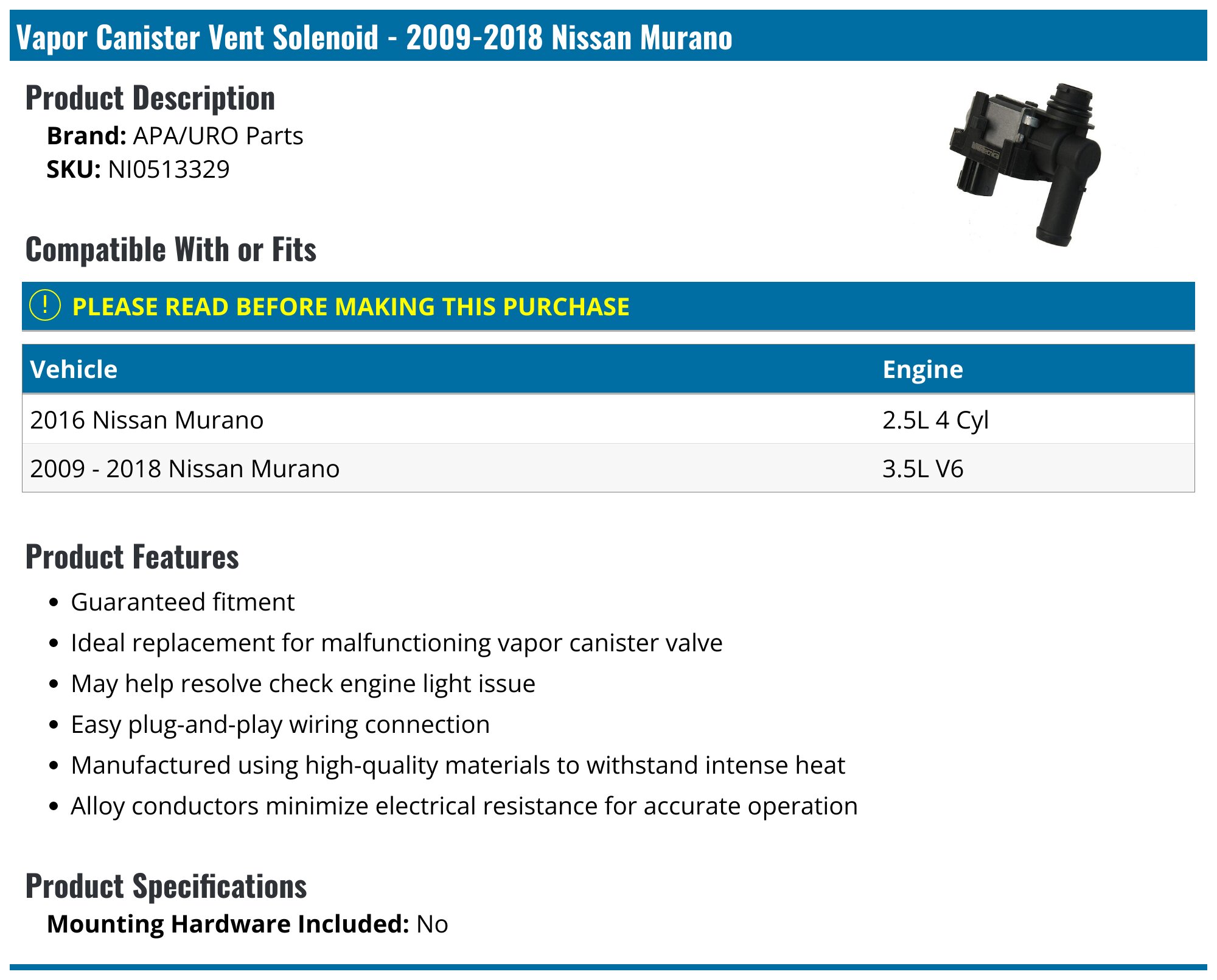 2009-2025 Nissan Murano Vapor Canister Vent Valve - APA/URO Parts ...