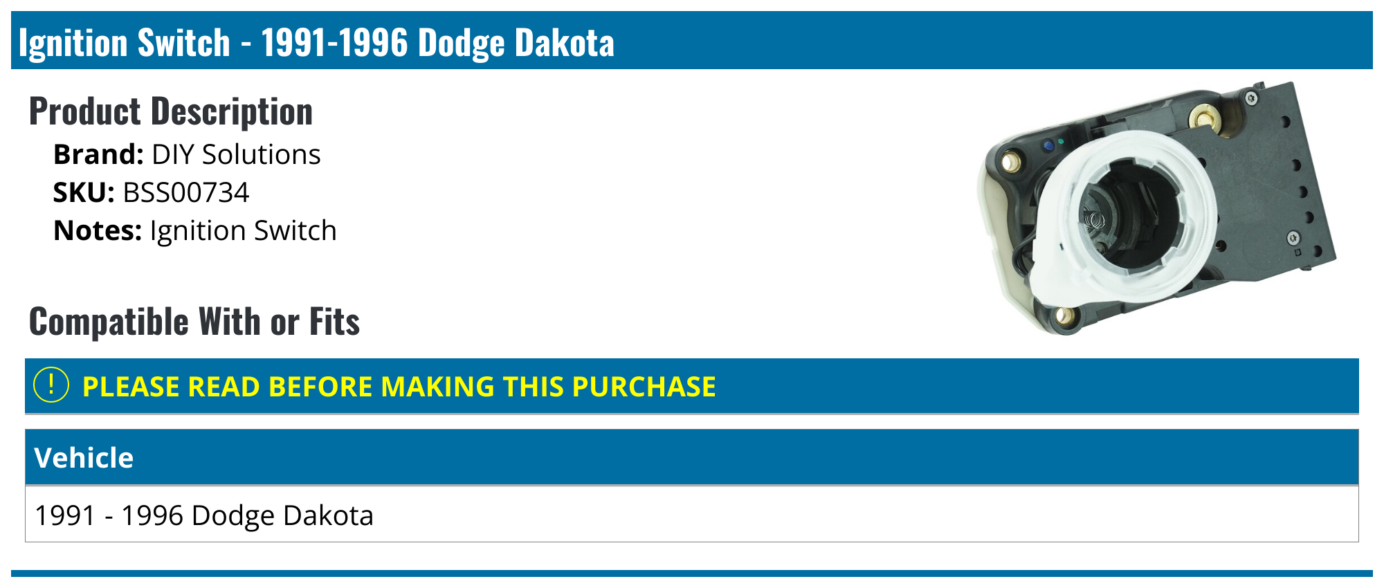 1991-1996 Dodge Dakota Ignition Switch - DIY Solutions BSS00734 ...