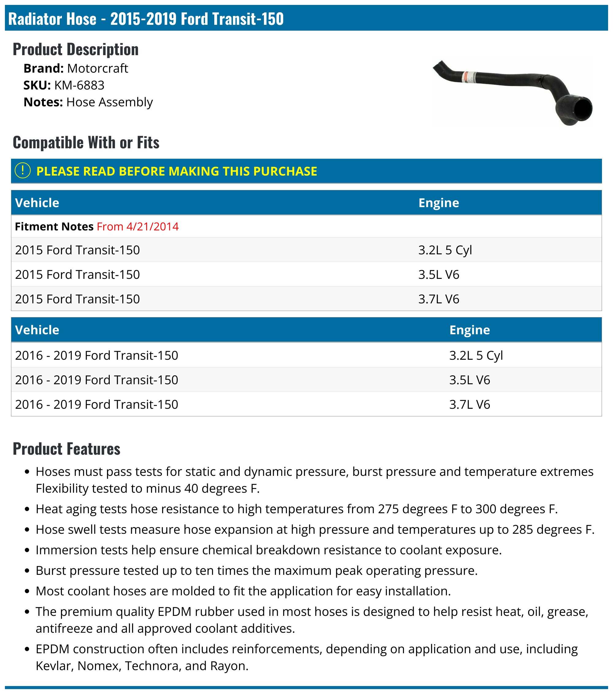 2015-2019 Ford Transit-150 Radiator Hose - Motorcraft KM-6883 ...