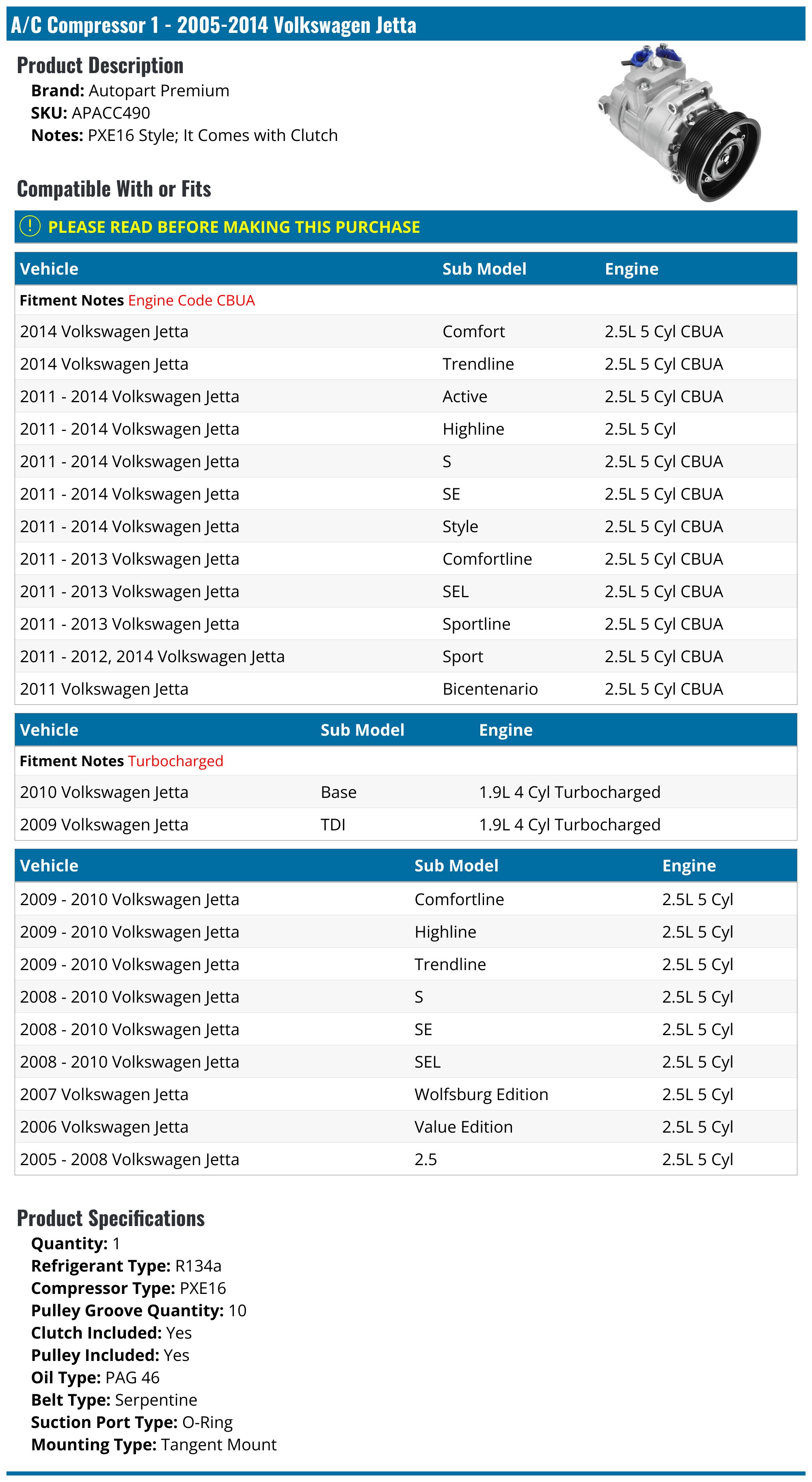 2005-2014 Volkswagen Jetta A/C Compressor - Autopart Premium APACC490 ...