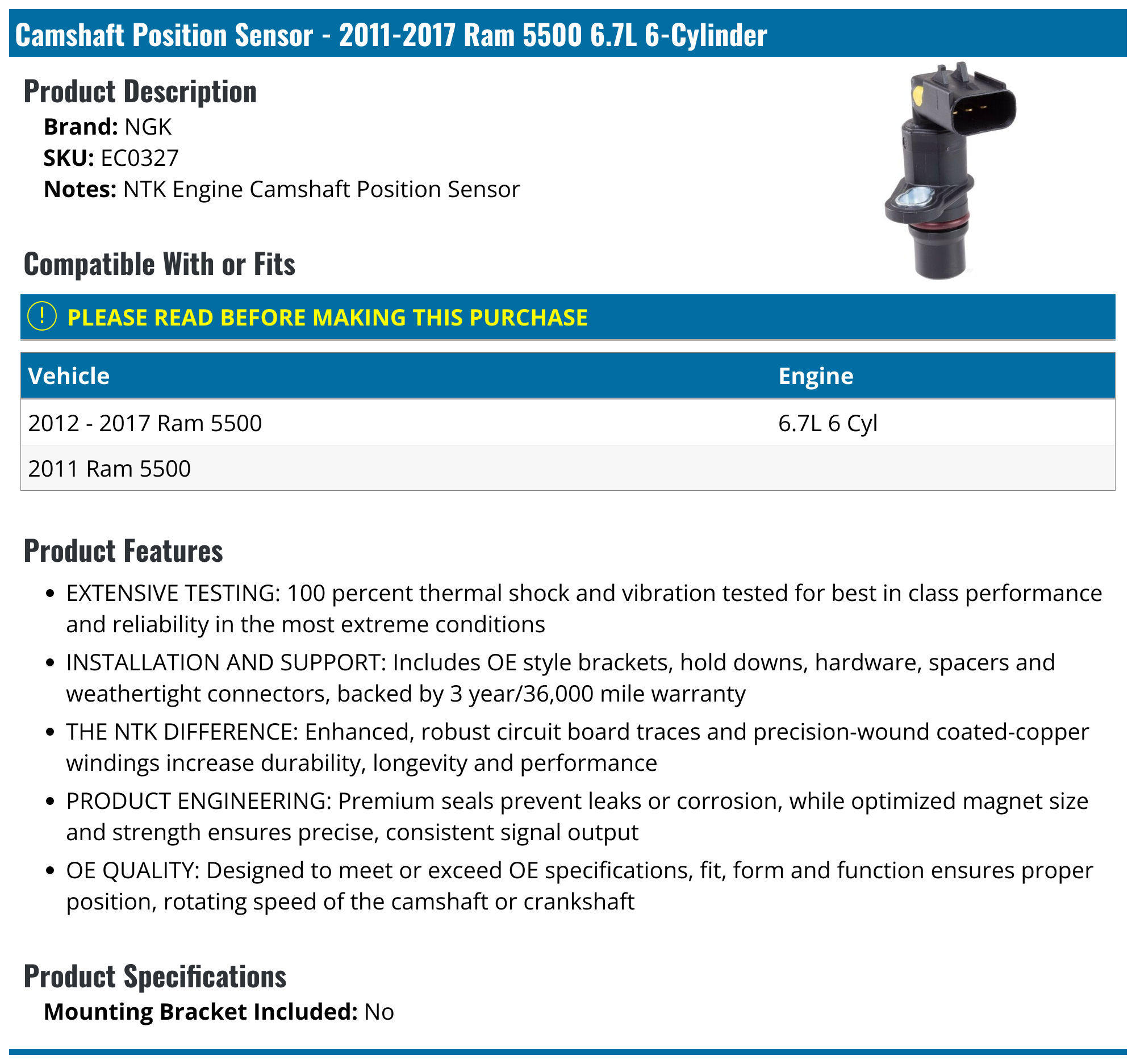 2011-2017 Ram 5500 Camshaft Position Sensor - NGK EC0327 - PartsGeek.com