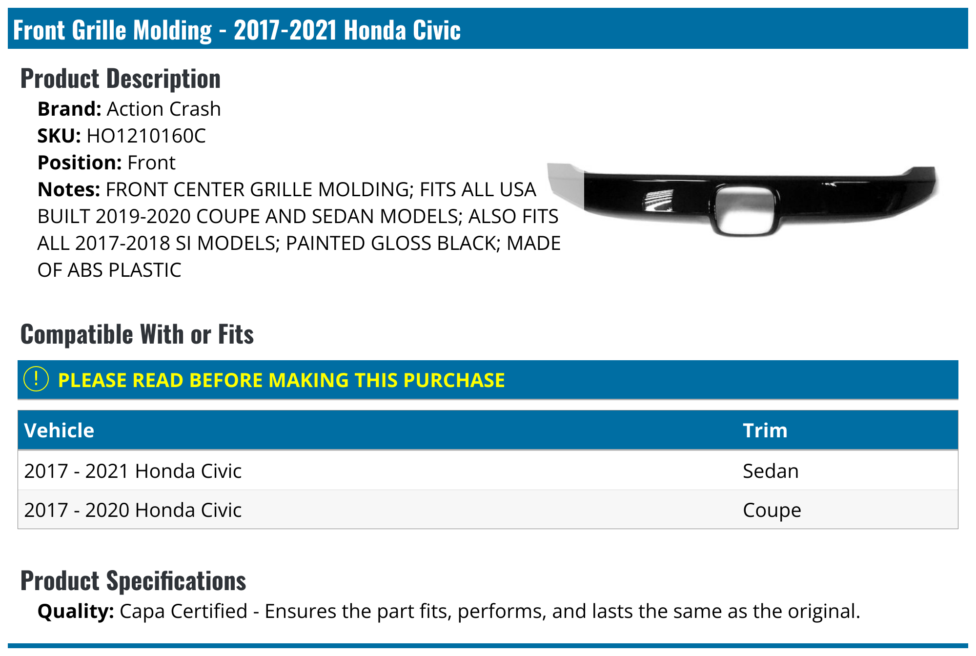 2017-2021 Honda Civic Grille Molding - Action Crash HO1210160C - Front ...