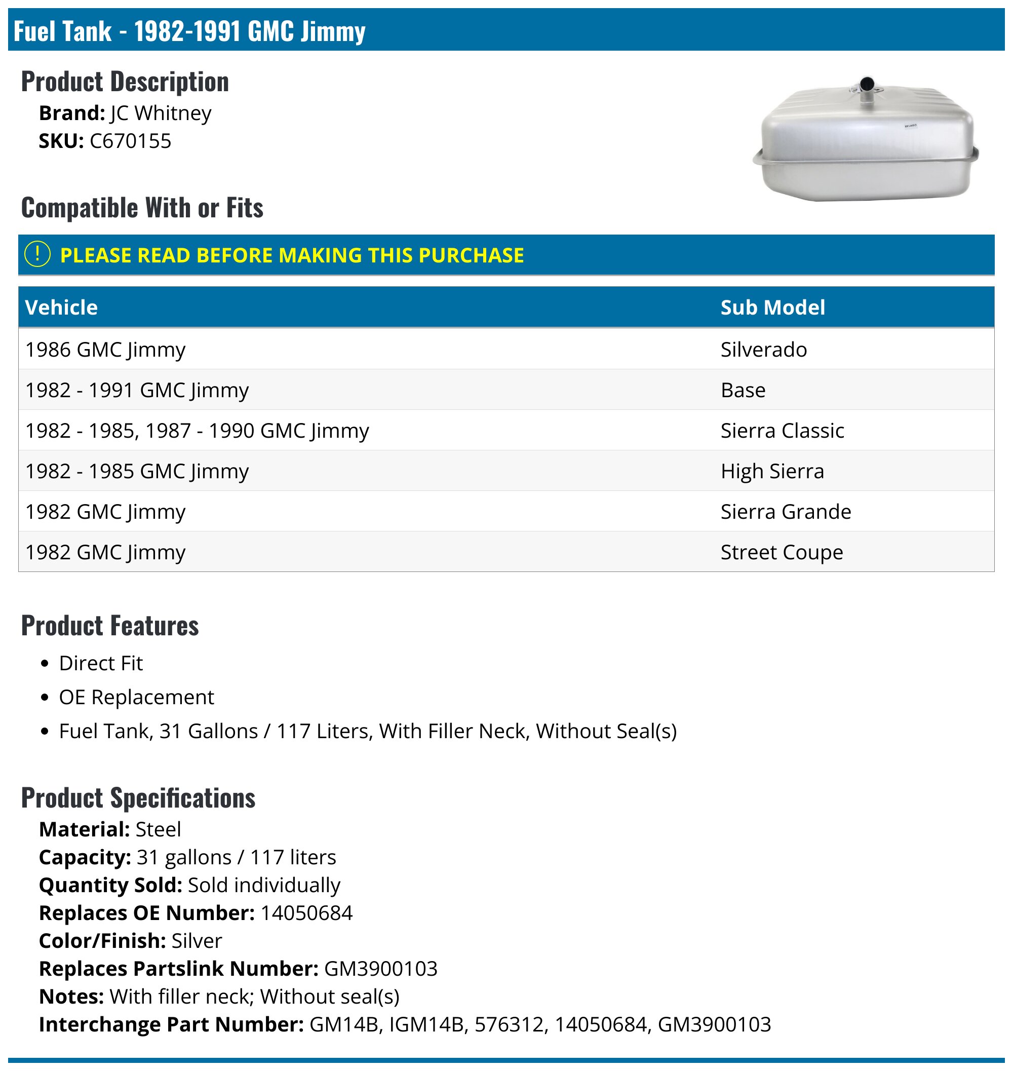 1982-1991 GMC Jimmy Fuel Tank - JC Whitney C670155 - PartsGeek.com