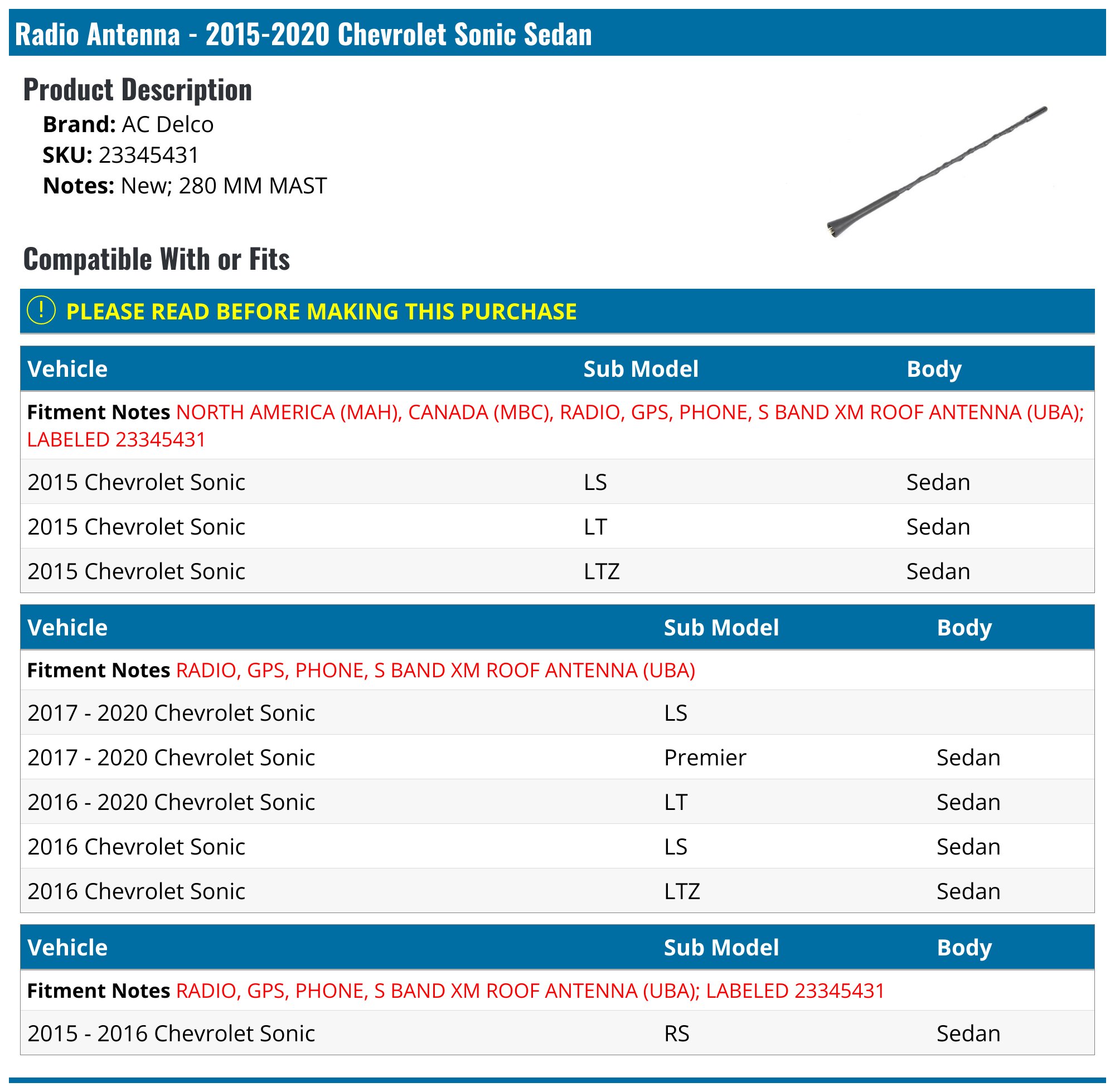 2015-2020 Chevrolet Sonic Radio Antenna - AC Delco 23345431 - PartsGeek.com