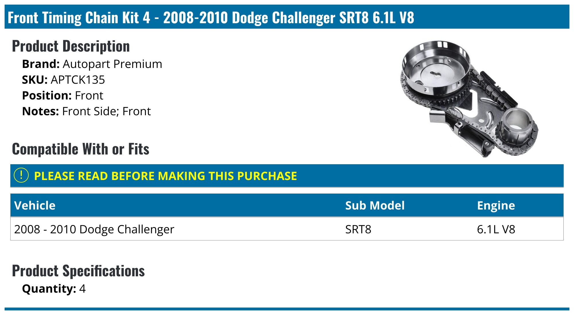 2008-2010 Dodge Challenger Timing Chain - Autopart Premium APTCK135 ...