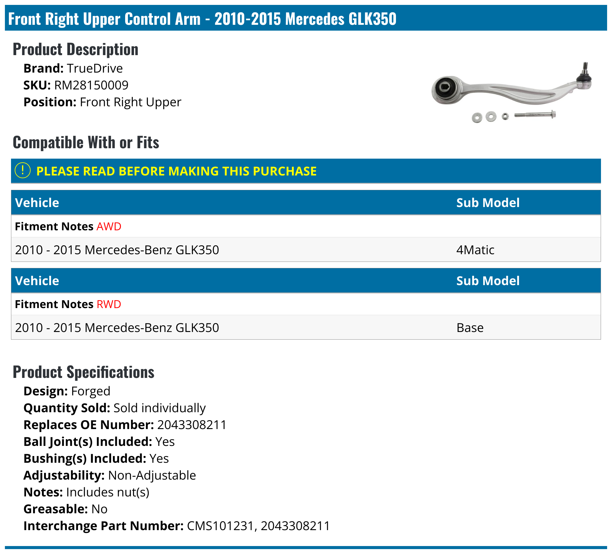 2010-2015 Mercedes GLK350 Control Arm - TrueDrive RM28150009 ...