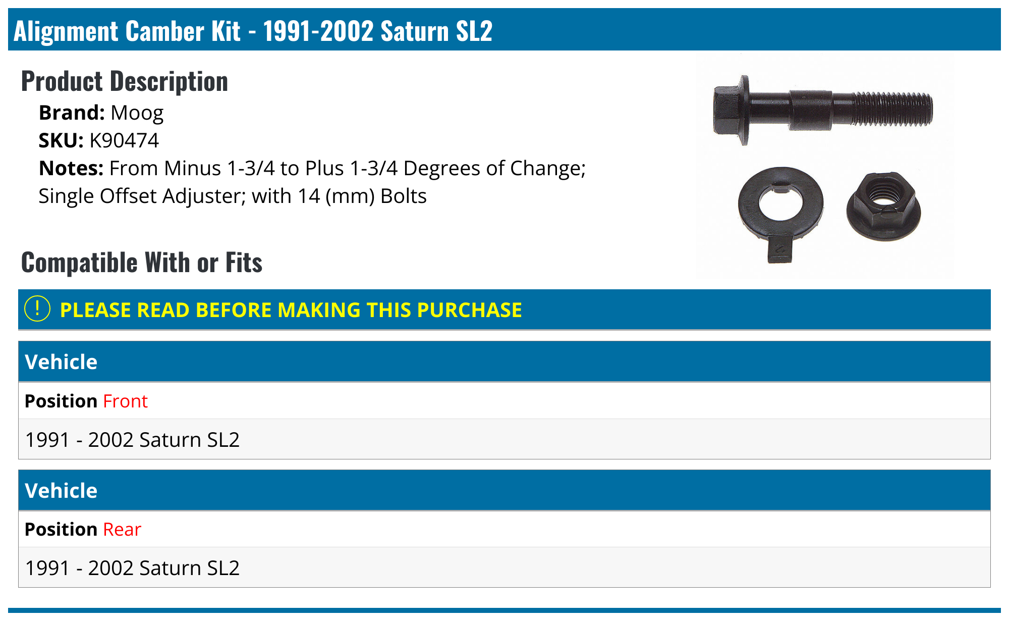 1991-2002 Saturn SL2 Alignment Camber Kit - Moog K90474 - Front ...