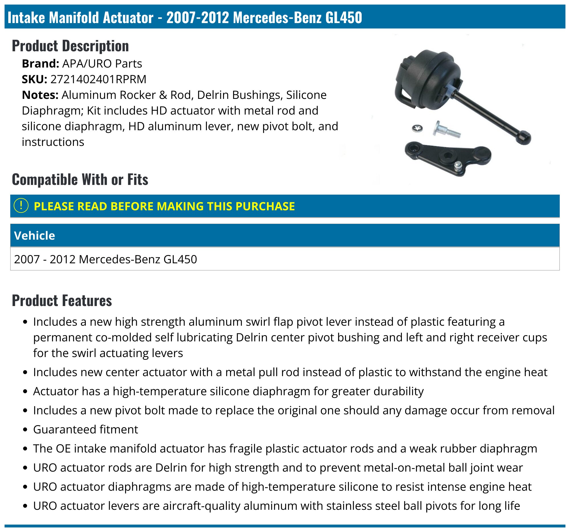 2007-2012 Mercedes GL450 Intake Manifold Actuator - APA/URO Parts ...