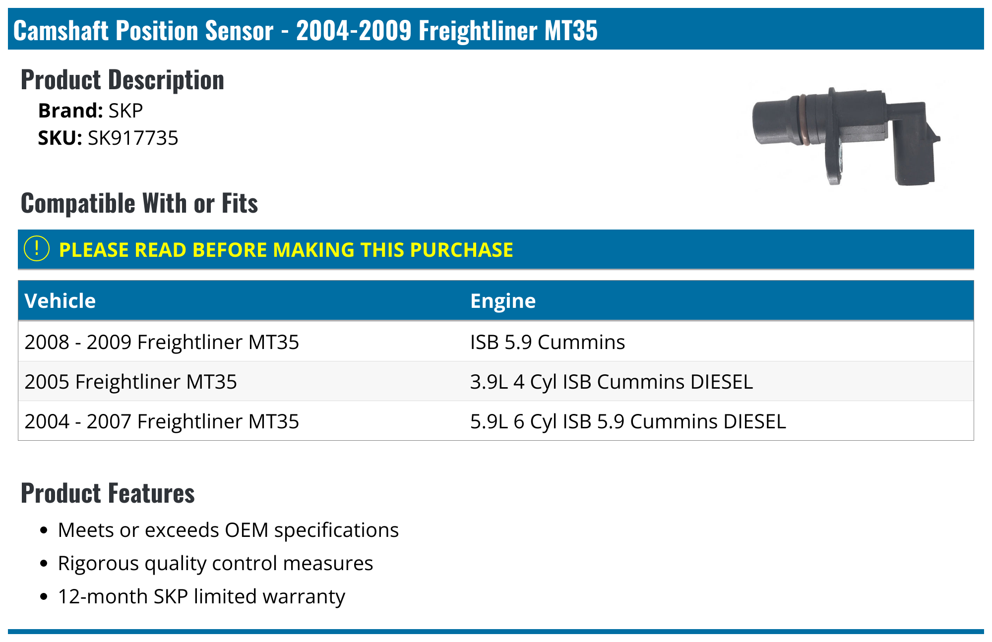 2004-2009 Freightliner MT35 Camshaft Position Sensor - SKP SK917735 ...