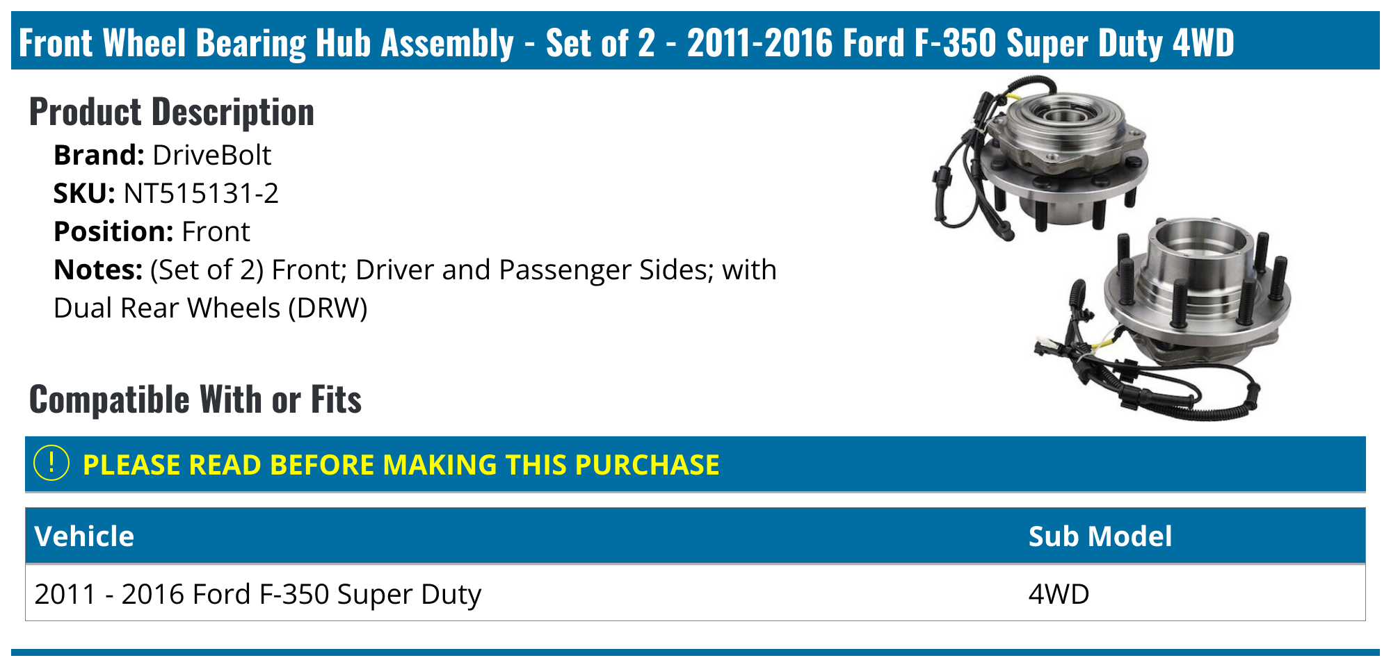 2011-2016 Ford F350 Super Duty Wheel Hub Assembly - DriveBolt NT515131 ...