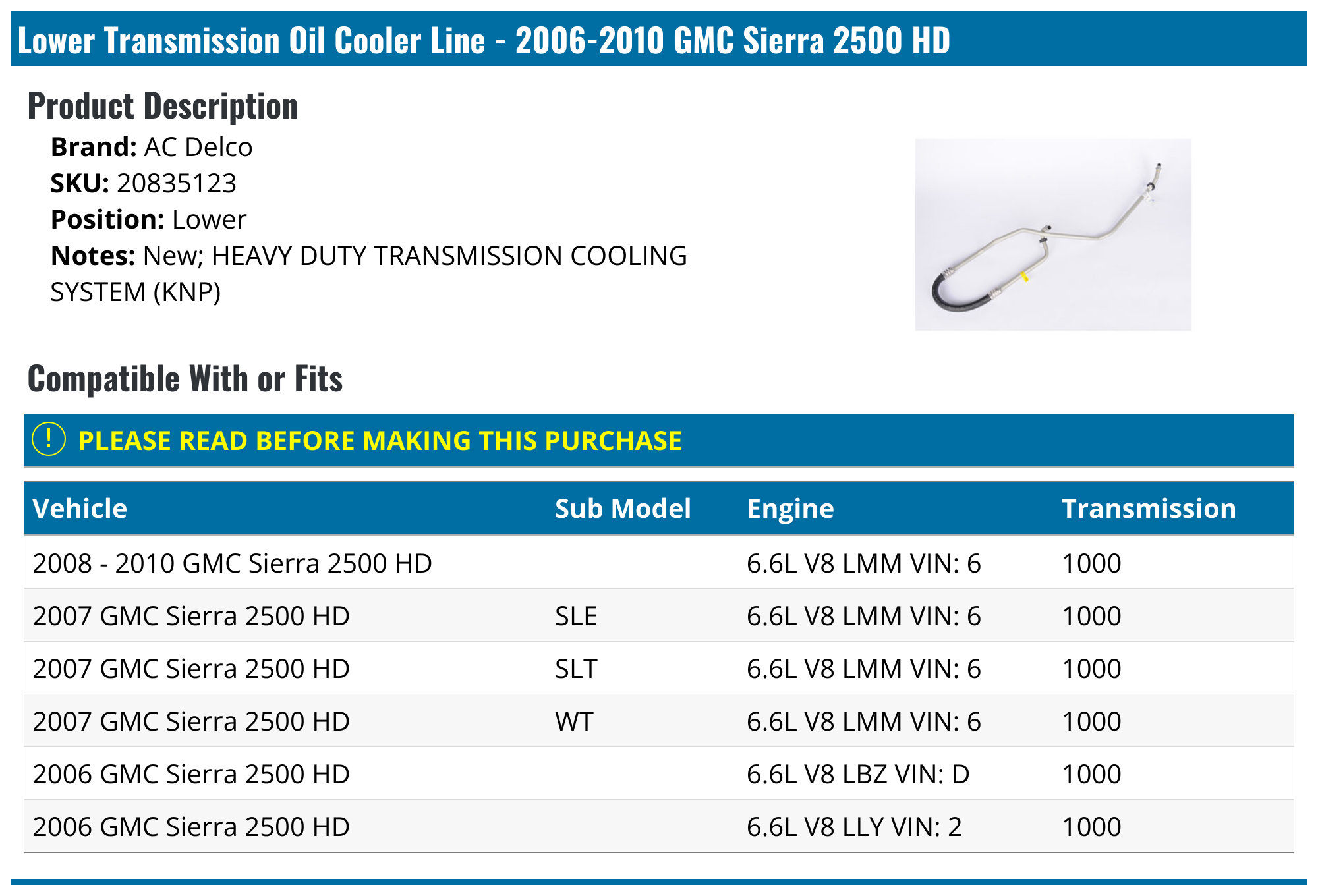2006-2010 GMC Sierra 2500 HD Transmission Oil Cooler Line - AC Delco ...
