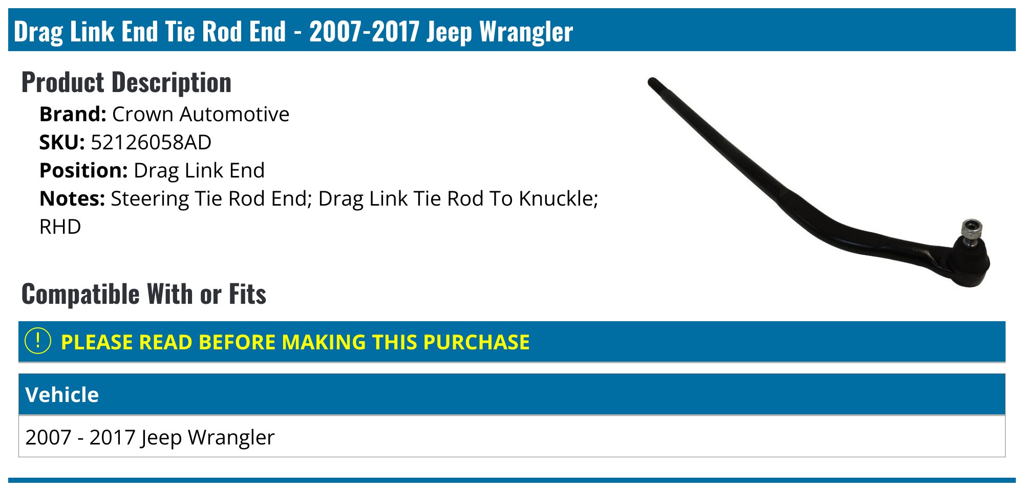2007-2017 Jeep Wrangler Tie Rod End - Crown Automotive 52126058AD ...