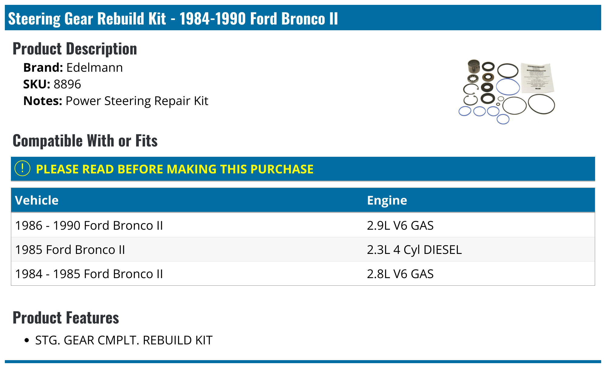 1984-1990 Ford Bronco II Steering Gear Rebuild Kit - Edelmann 8896 ...