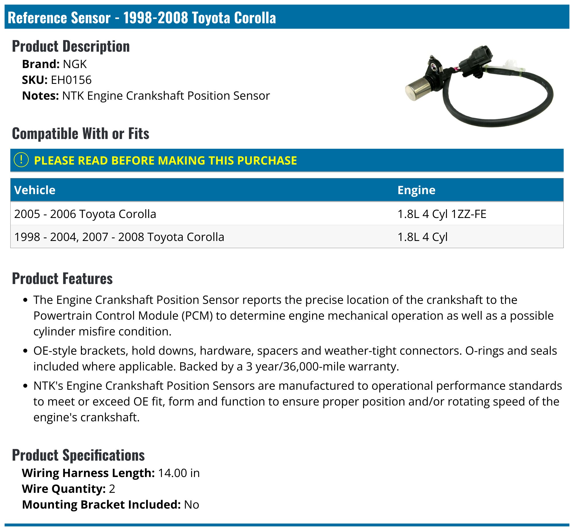 1998-2008 Toyota Corolla Crank Position Sensor - NGK EH0156 - PartsGeek.com