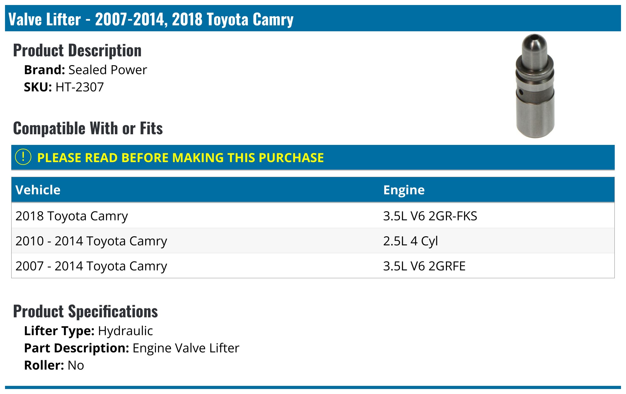 2007-2014, 2018 Toyota Camry Valve Lifter - Sealed Power HT-2307 ...