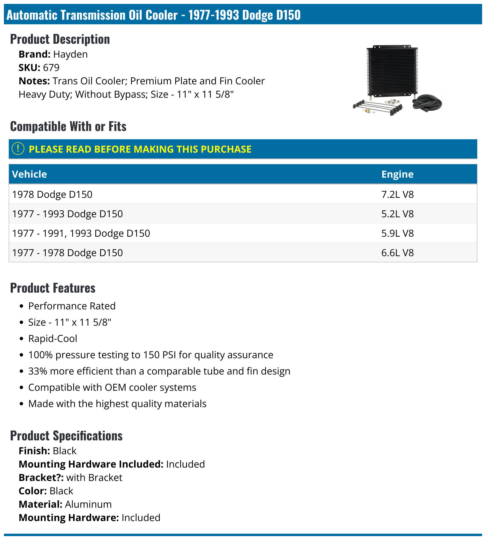 1977-1993 Dodge D150 Automatic Transmission Oil Cooler - Hayden 679 ...