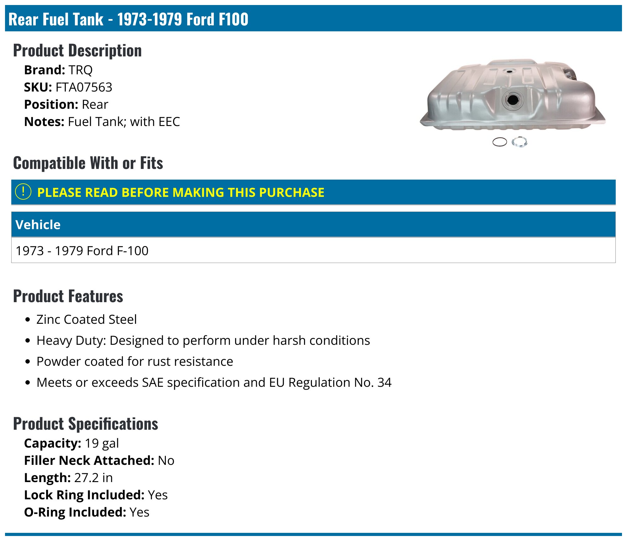 1975-1979 Ford F100 Fuel Tank - TRQ FTA07563 - Rear - PartsGeek.com
