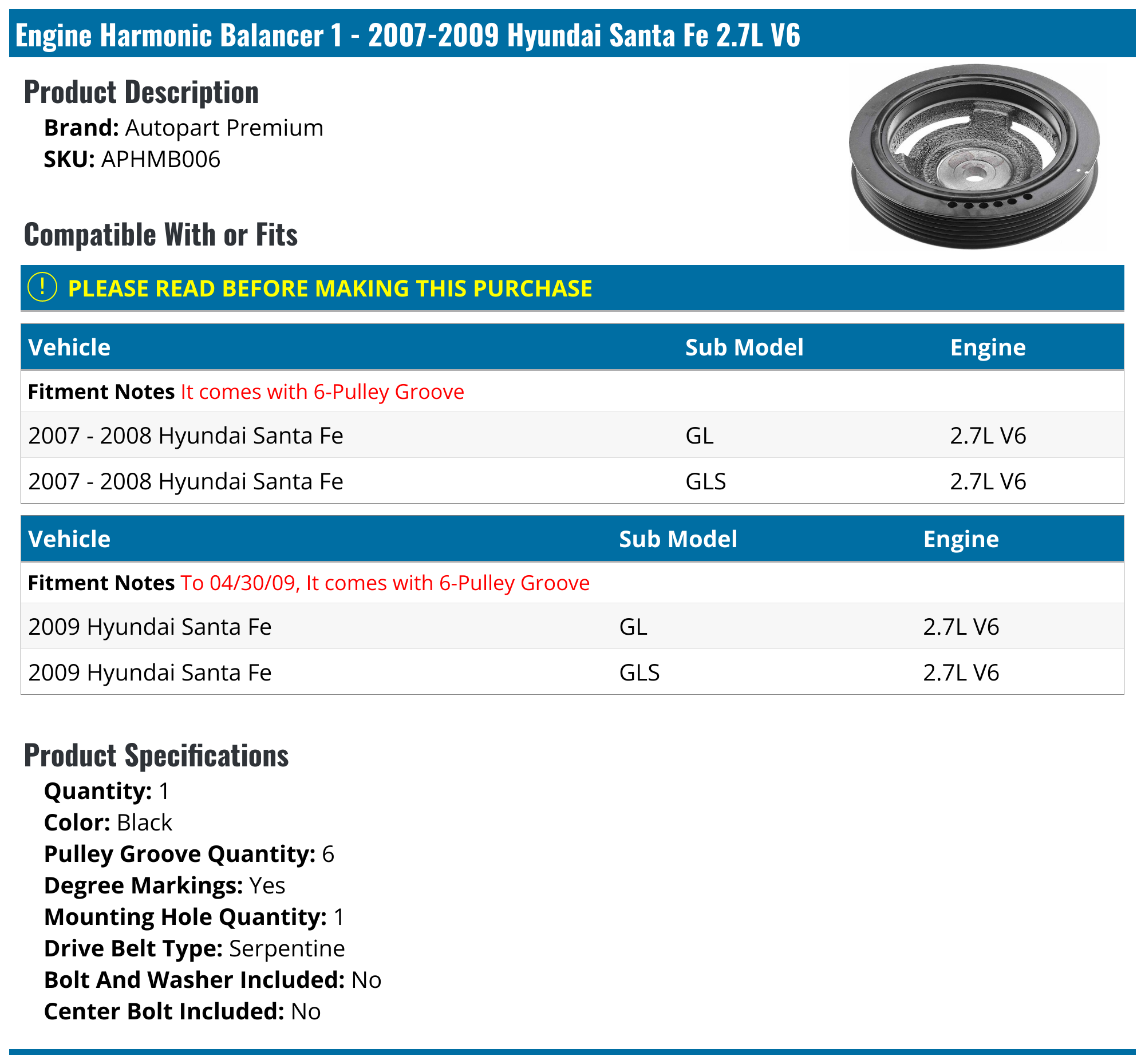2007-2009 Hyundai Santa Fe Engine Harmonic Balancer - Autopart Premium ...