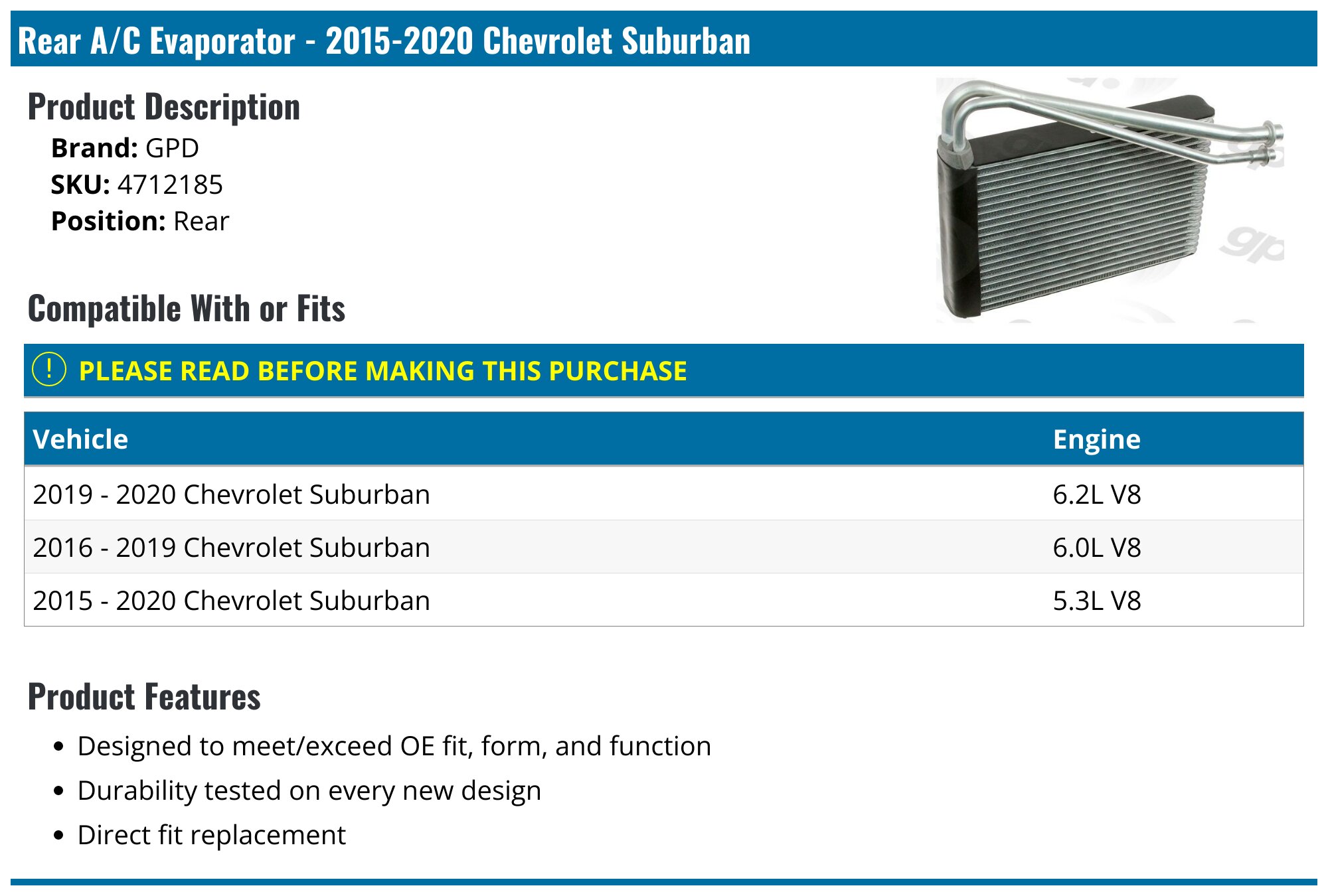 2015-2020 Chevrolet Suburban A/C Evaporator - GPD 4712185 - Rear ...