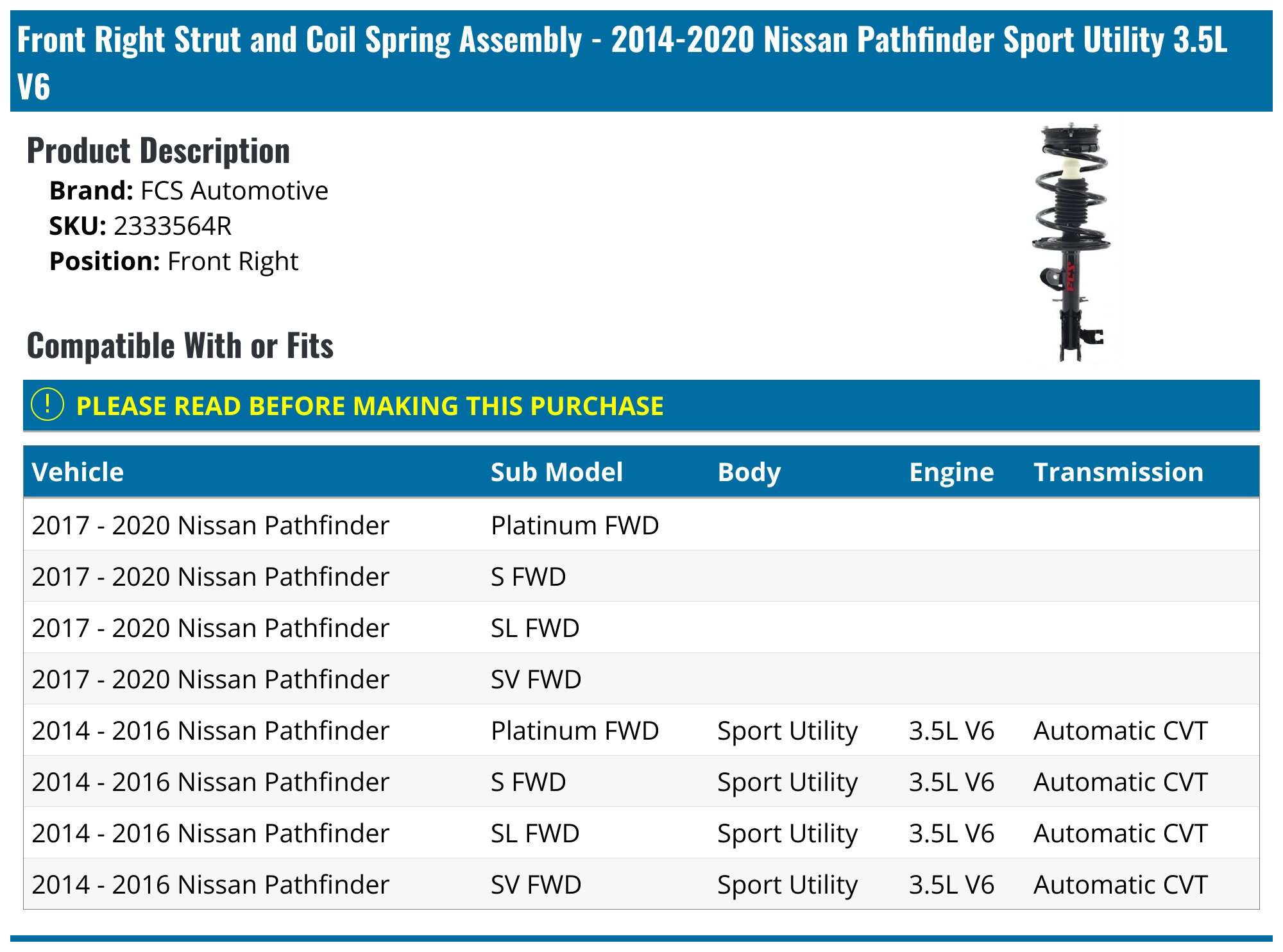 2013-2020 Nissan Pathfinder Strut Assembly - FCS Automotive 2333564R ...